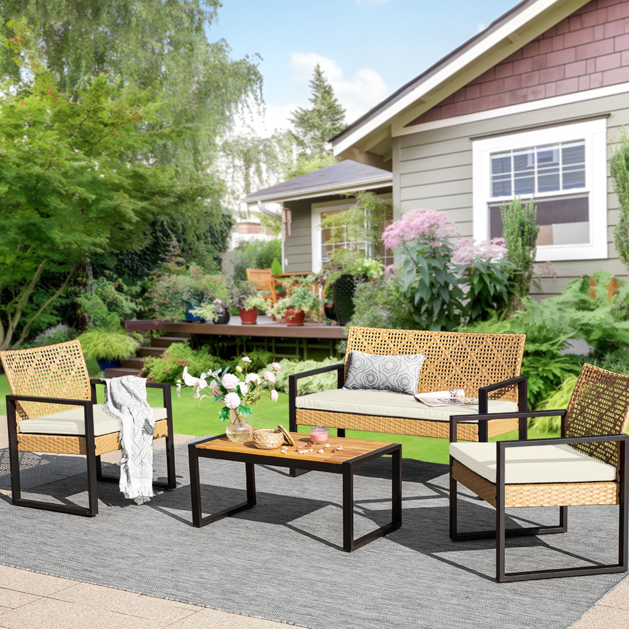 Alpha Joy 4 Piece Wicker Outdoor Patio Conversation Set, Yellow & Beige ...
