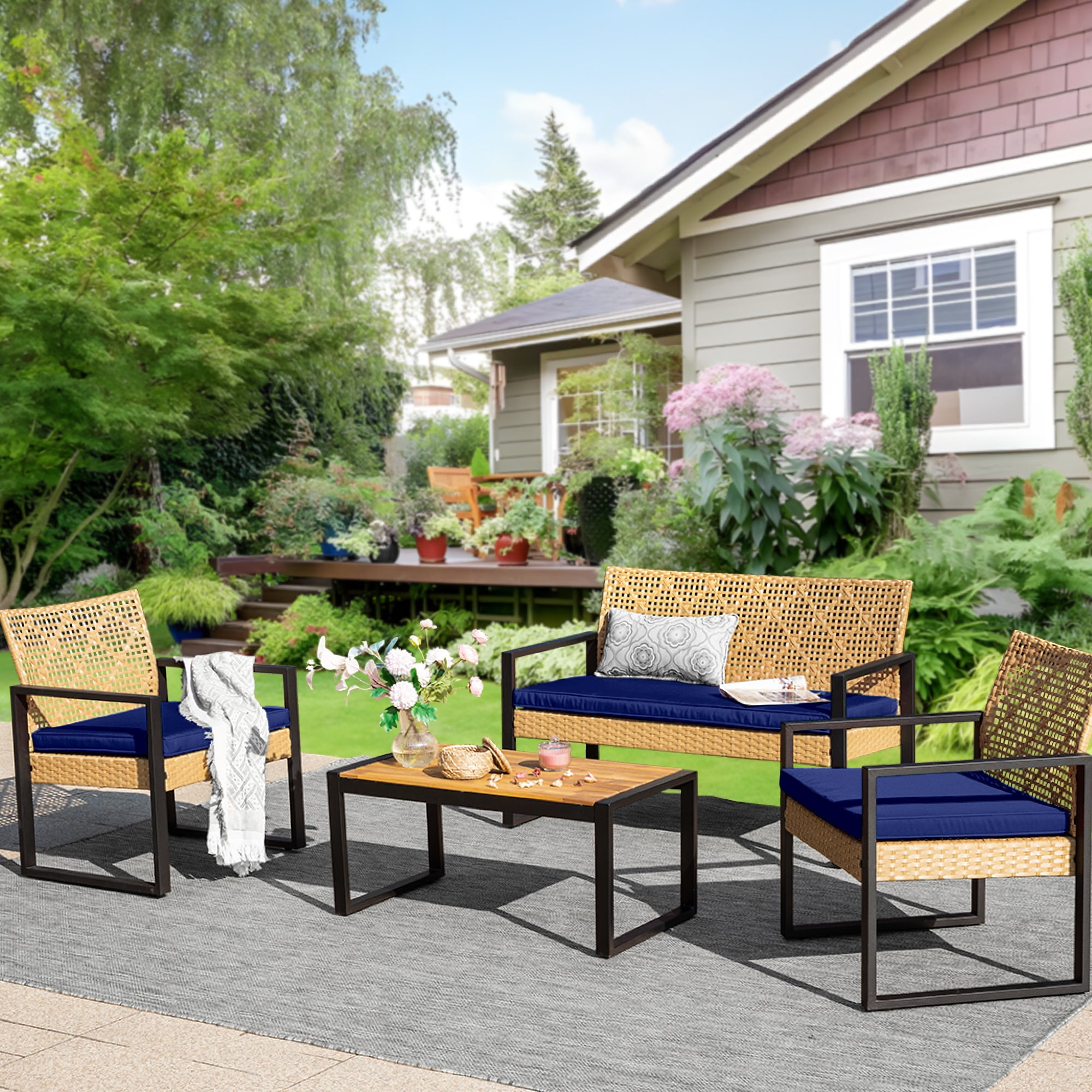 Alpha Joy 4 Piece Wicker Outdoor Patio Conversation Set, Yellow & Navy ...