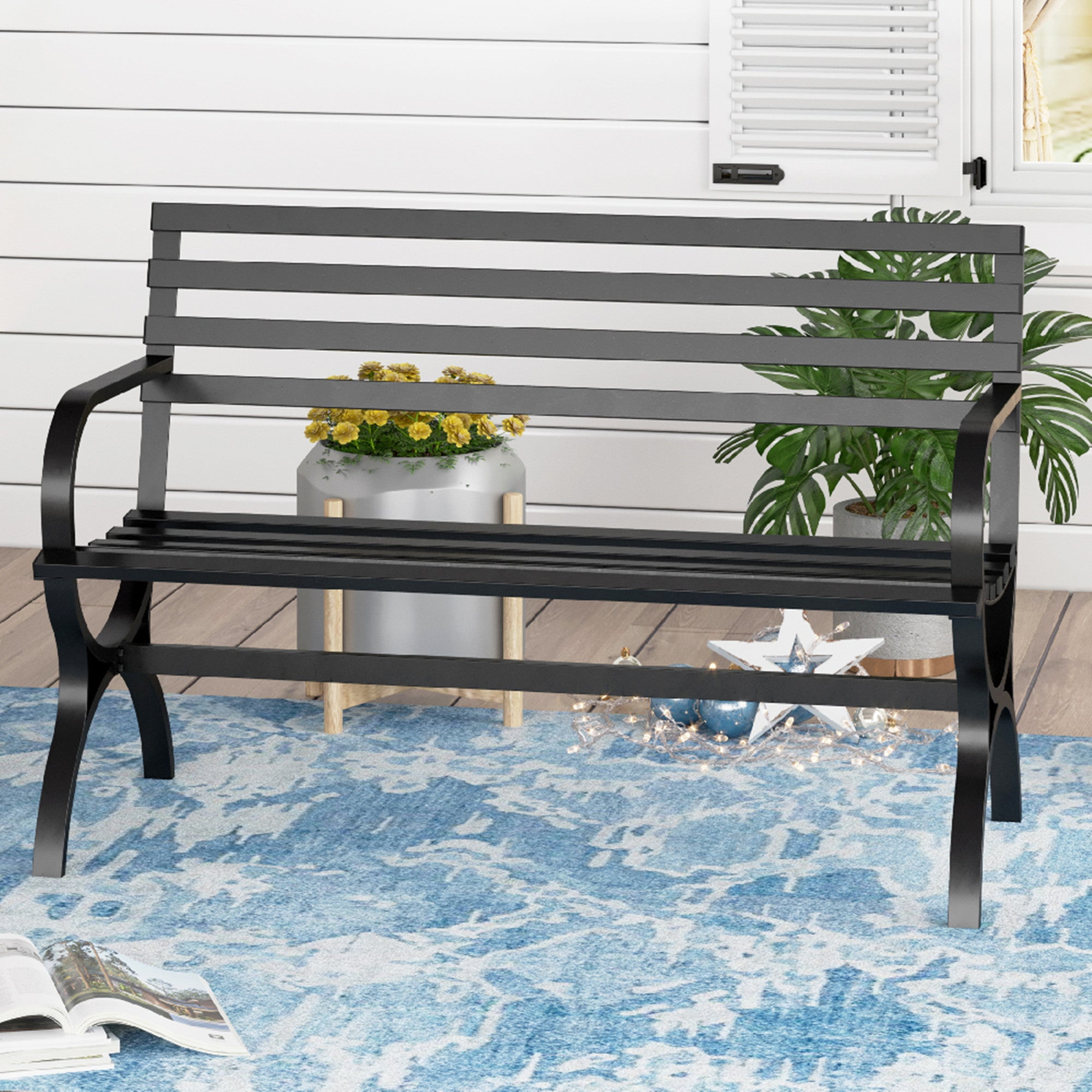 Alpha Joy Heavy Duty Steel Outdoor Patio Garden Bench, 48.8”, for Lawn, Park, Deck - Black ...