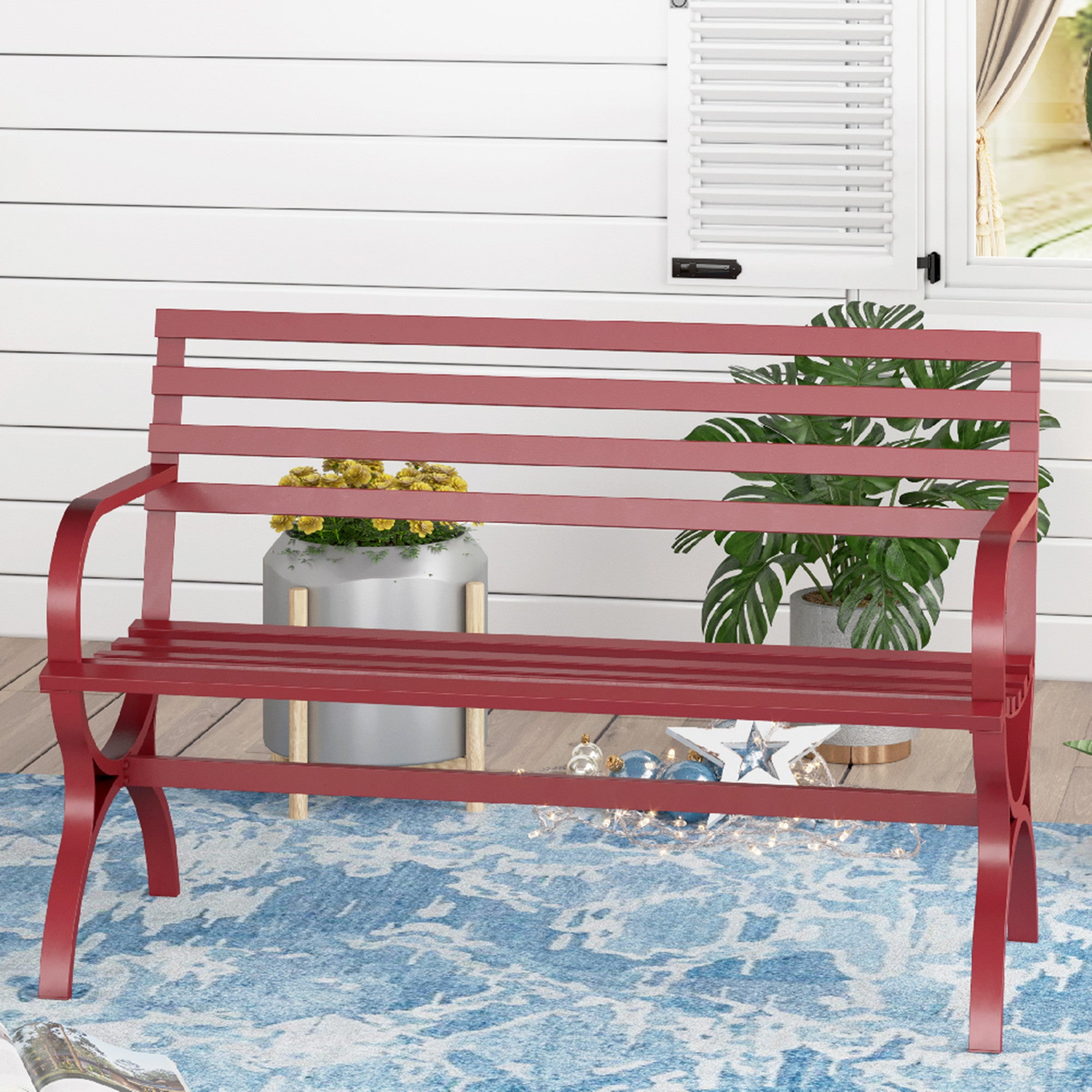 Alpha Joy 48.8” Heavy Duty Metal Patio Bench - Red, Outdoor Garden Seat ...