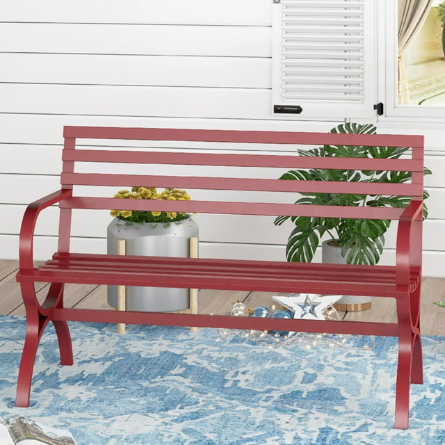 Alpha Joy 48.8” Heavy Duty Metal Patio Bench - Red, Outdoor Garden Seat ...