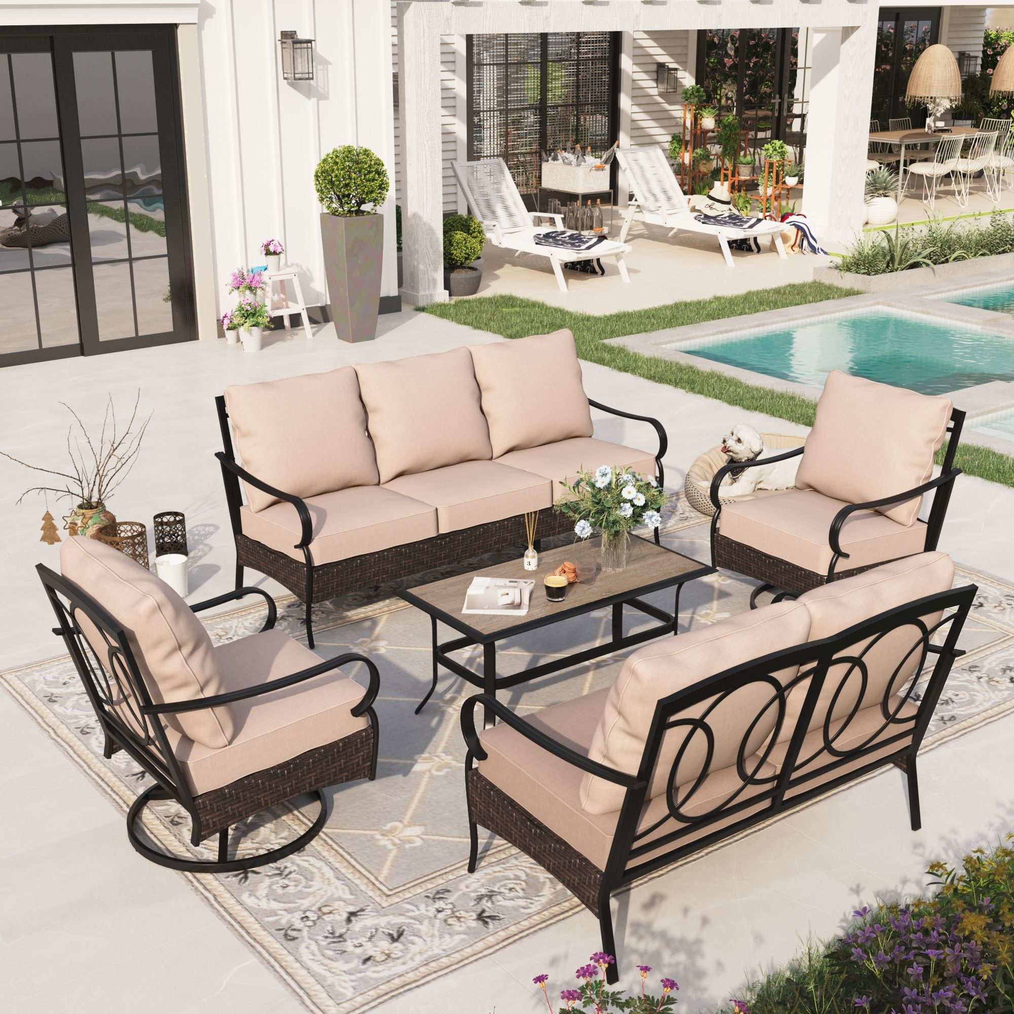 Alpha Joy 7-Seat Outdoor Sectionals: 5 Piece Metal Patio Furniture Set ...