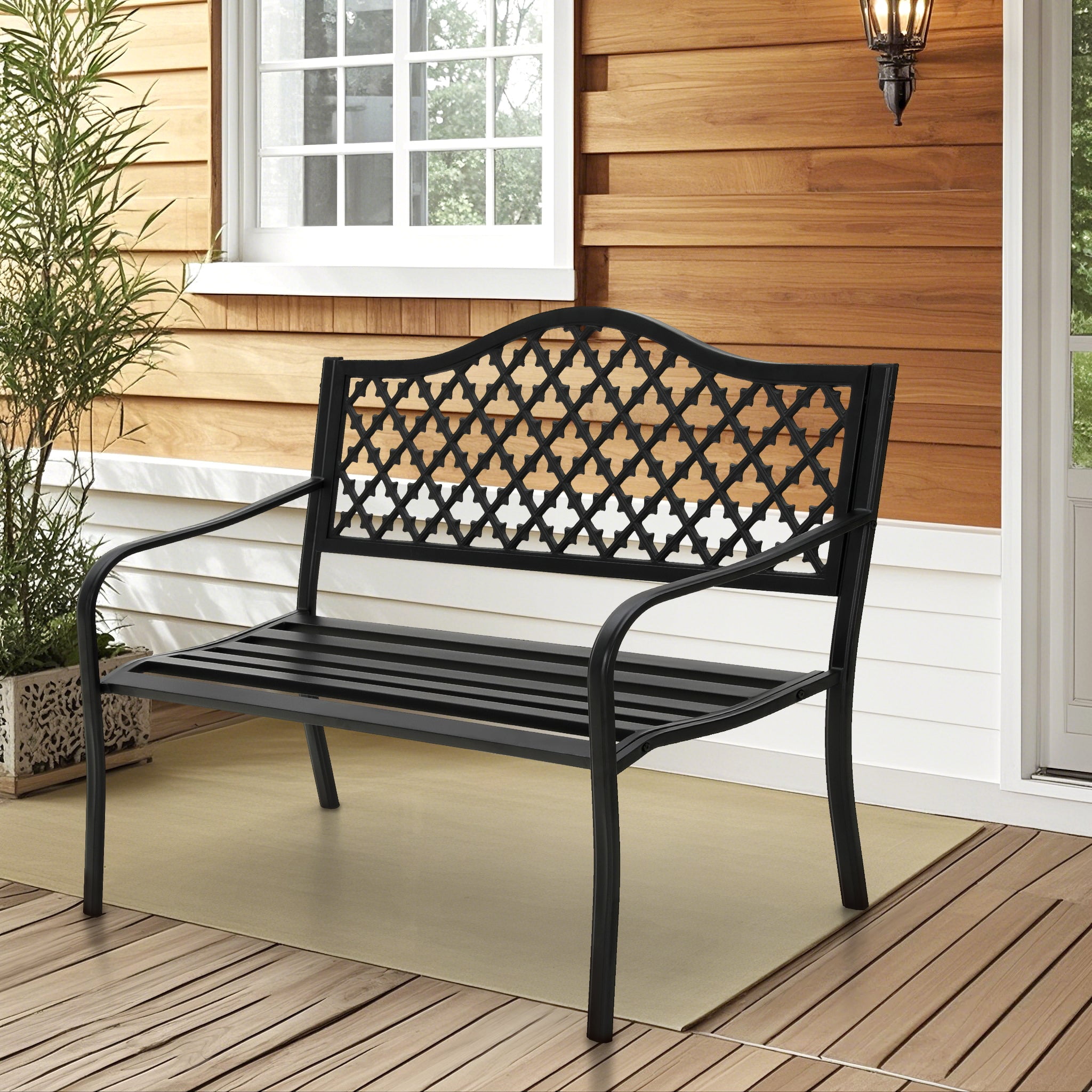 Alpha Joy 50" Black Outdoor Park Bench with Stylish Camelback Back ...