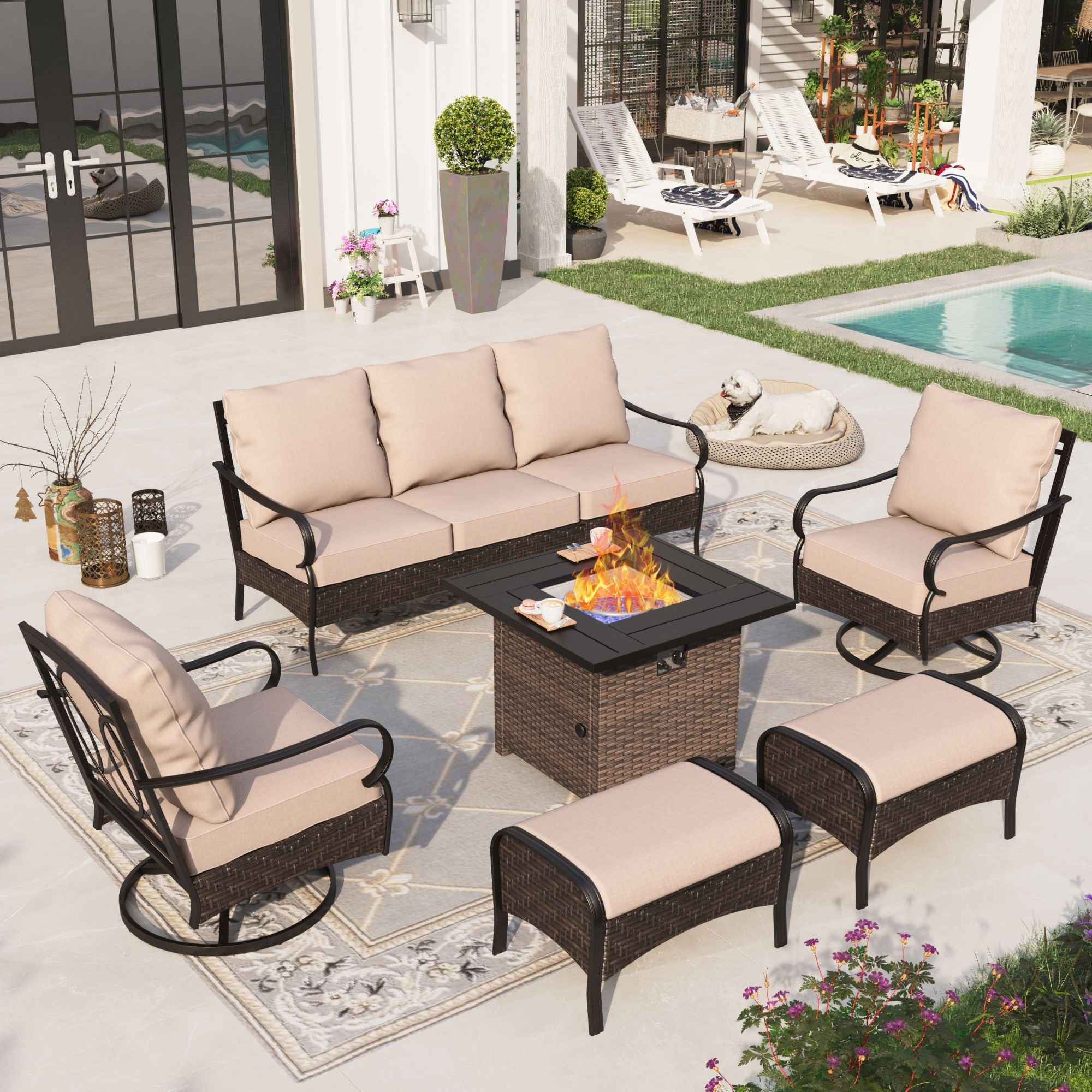 Alpha Joy 6 Piece Metal Patio Conversation Sofa Set 7-Seat Furniture Set with Fire Pit Table ...