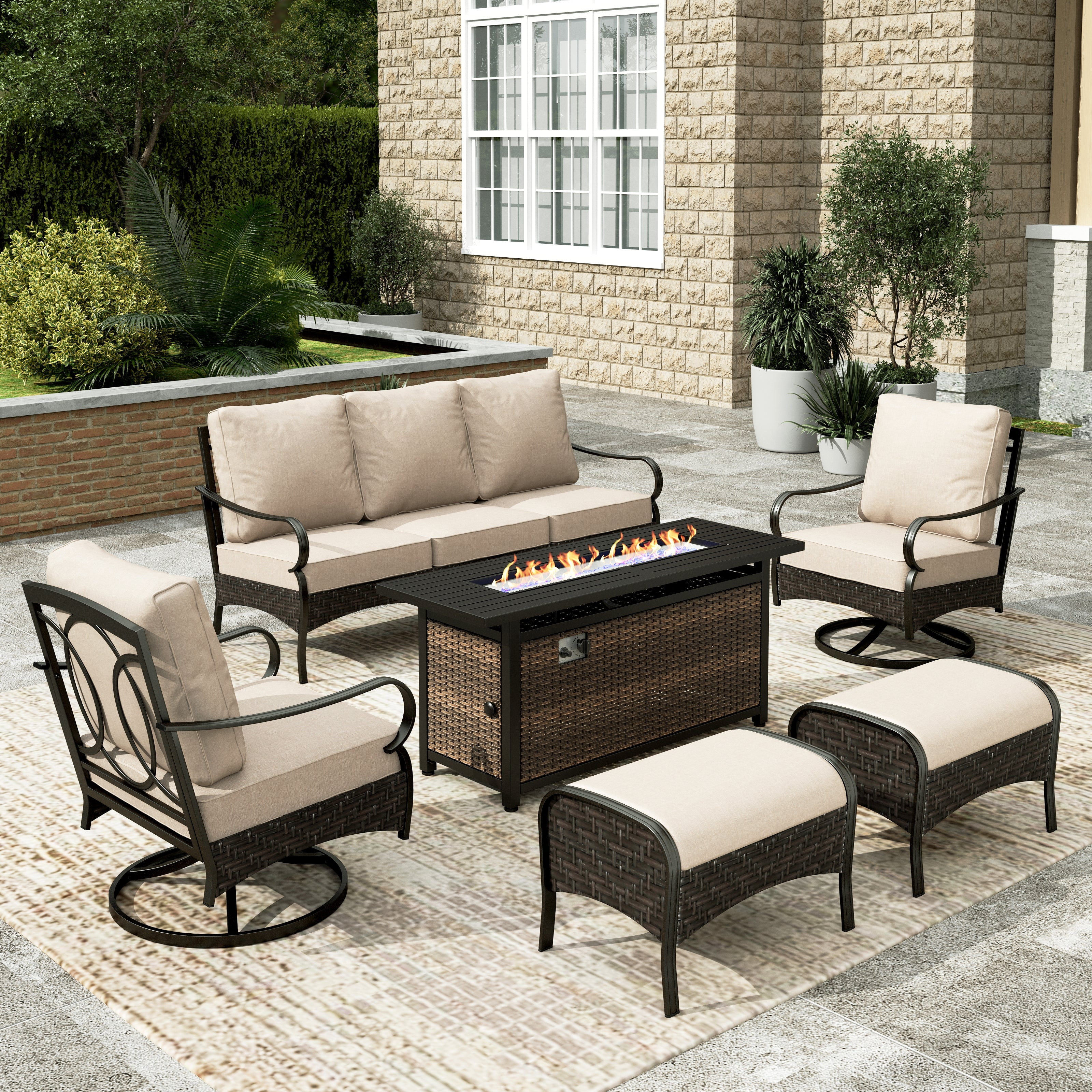Alpha Joy 7-Seat Wicker Outdoor Conversation Set with Fire Pit, 6 Piece ...