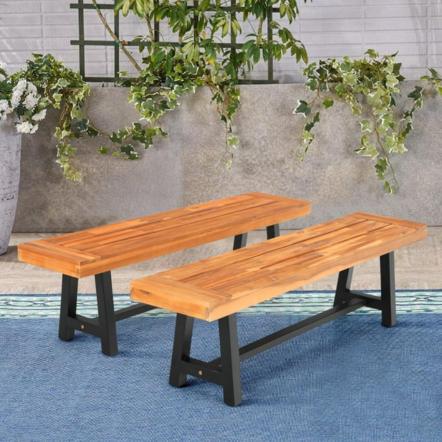 Alpha Joy 63” Acacia Wood Outdoor Garden Bench, Metal Frame Patio ...