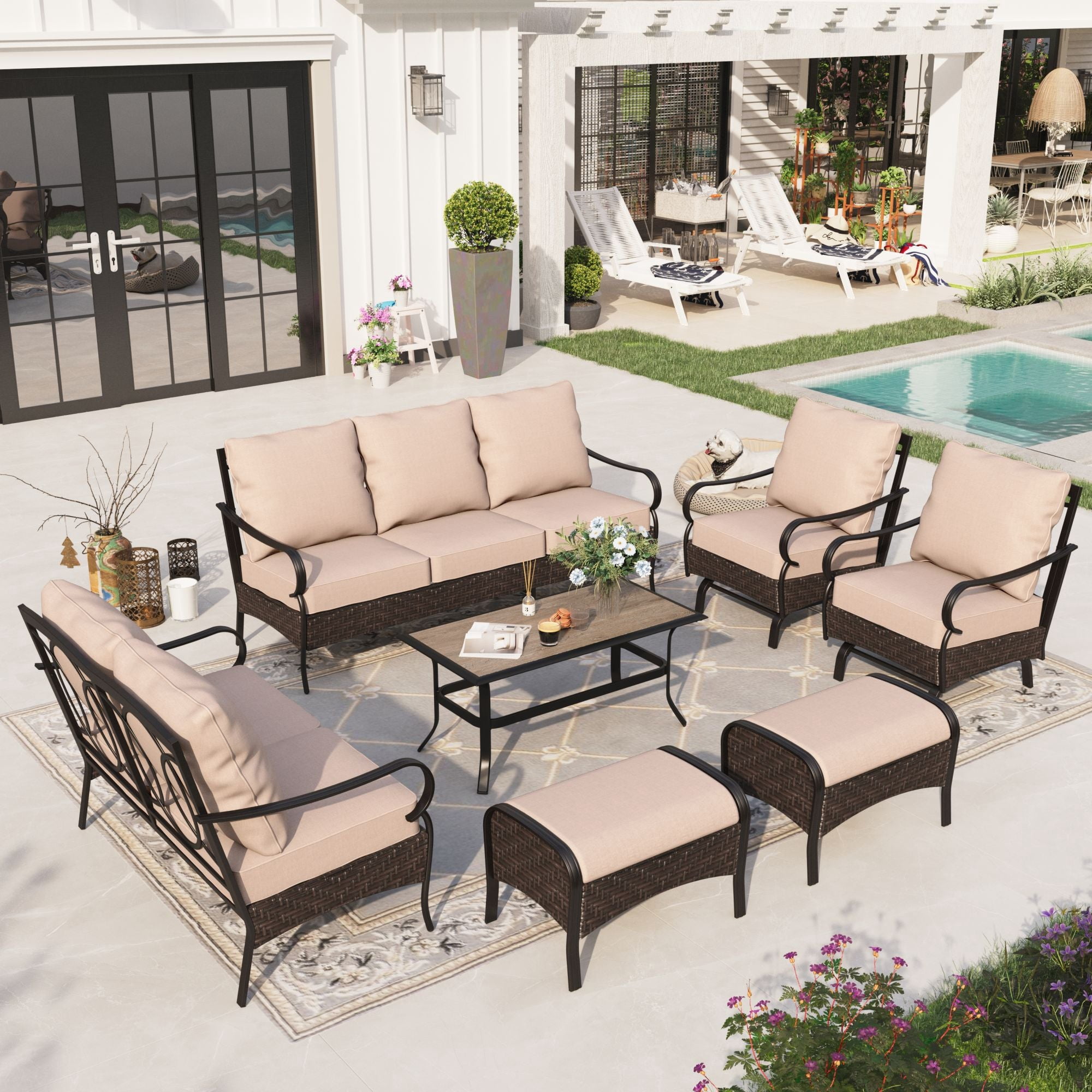 Alpha Joy 7 Piece Metal Outdoor Conversation Set 9-Seat Patio Furniture ...