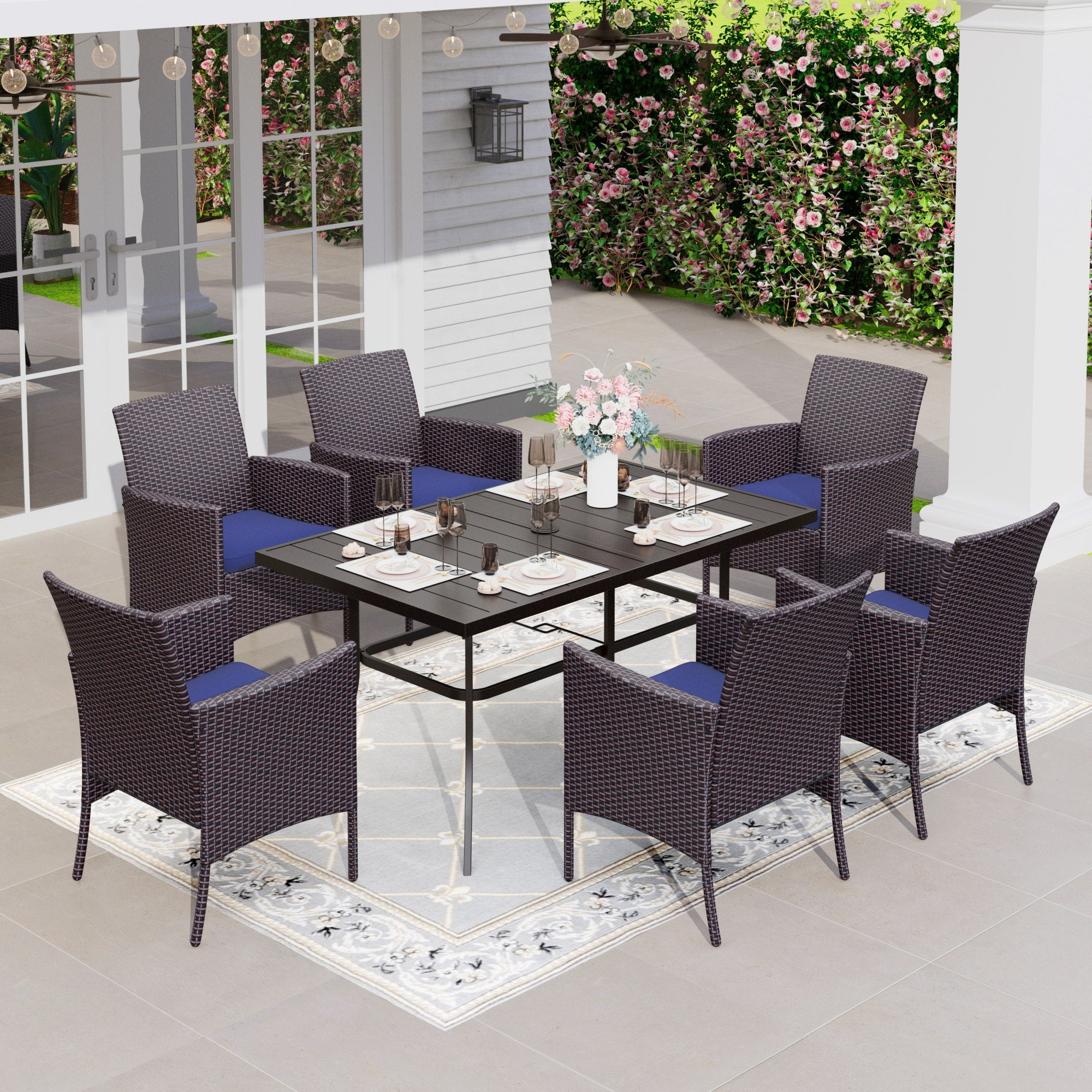 Alpha Joy 7 Pieces Outdoor Patio Dining Set with 6Pcs Rattan Chairs and 1Pc Rectangular Metal ...