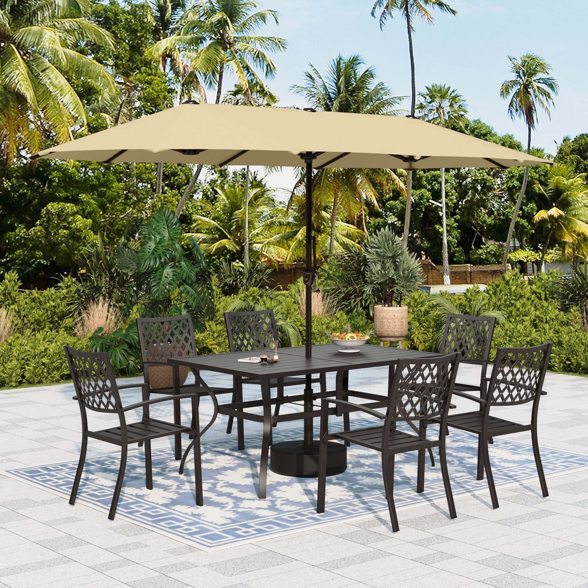Alpha Joy 8-Piece Outdoor Patio Dining Set with 13 ft Beige Umbrella, Metal Chairs & Rectangle ...