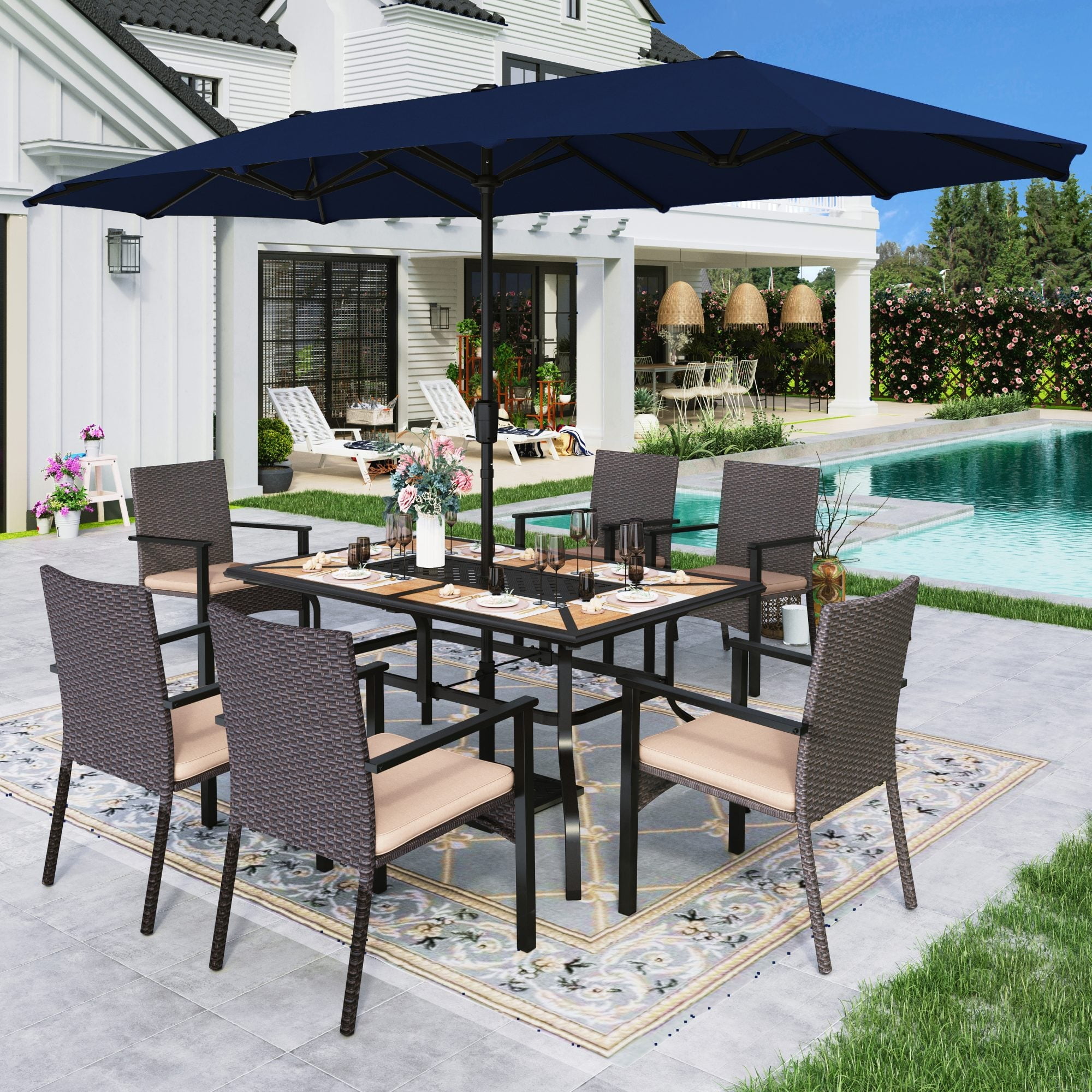 Alpha Joy 8-Piece Outdoor Patio Dining Set with 13 ft Navy Umbrella ...