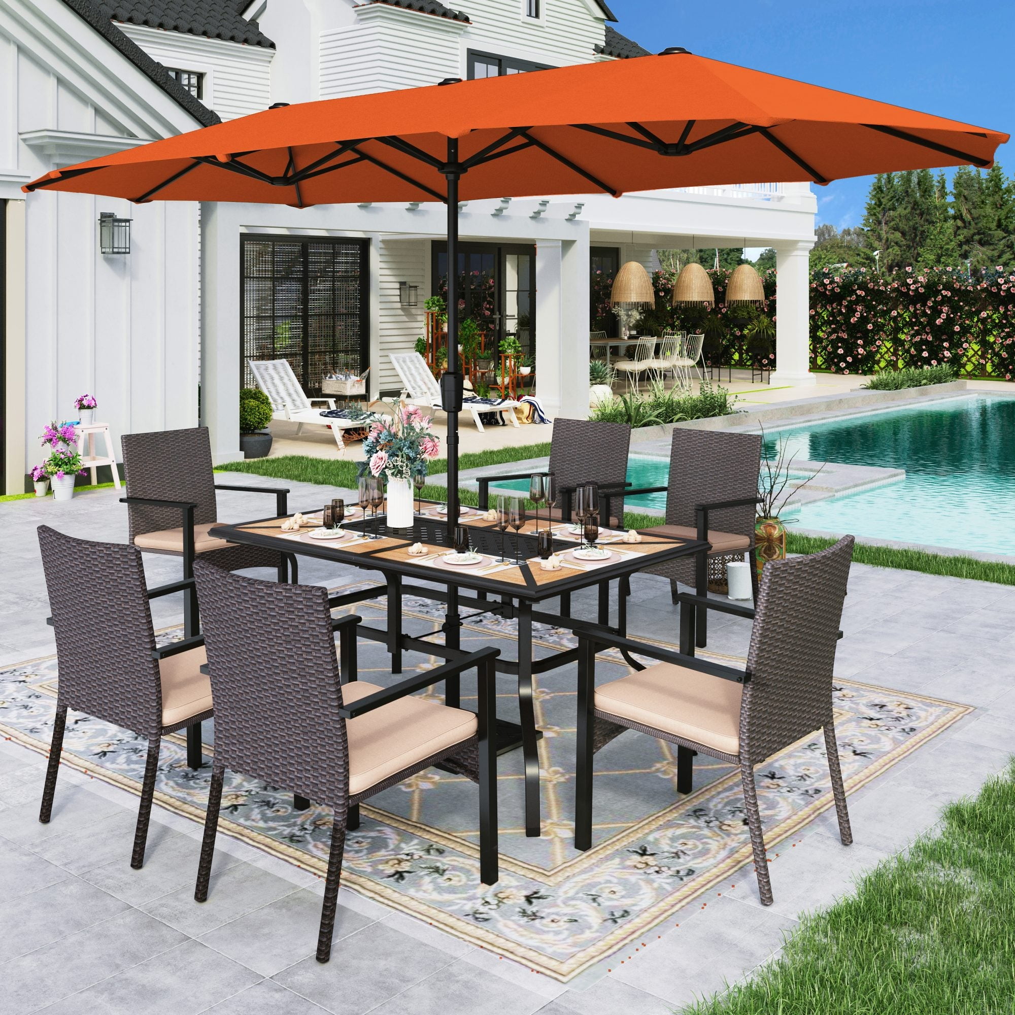 Alpha Joy 8-Piece Outdoor Patio Dining Set with 13 ft Orange Red ...