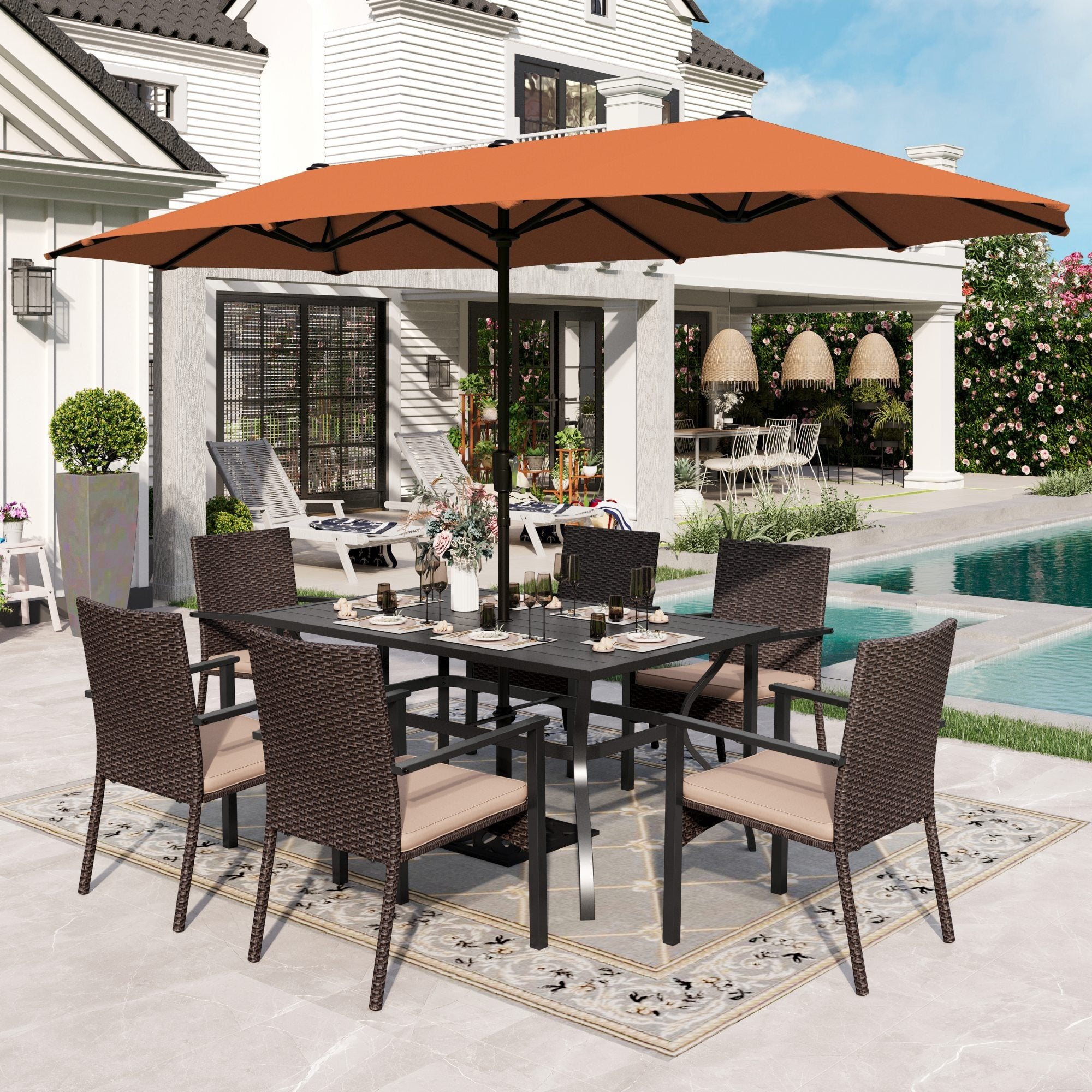 Alpha Joy 8-Piece Patio Dining Set, 13 Ft Red Umbrella, Rattan Chairs ...