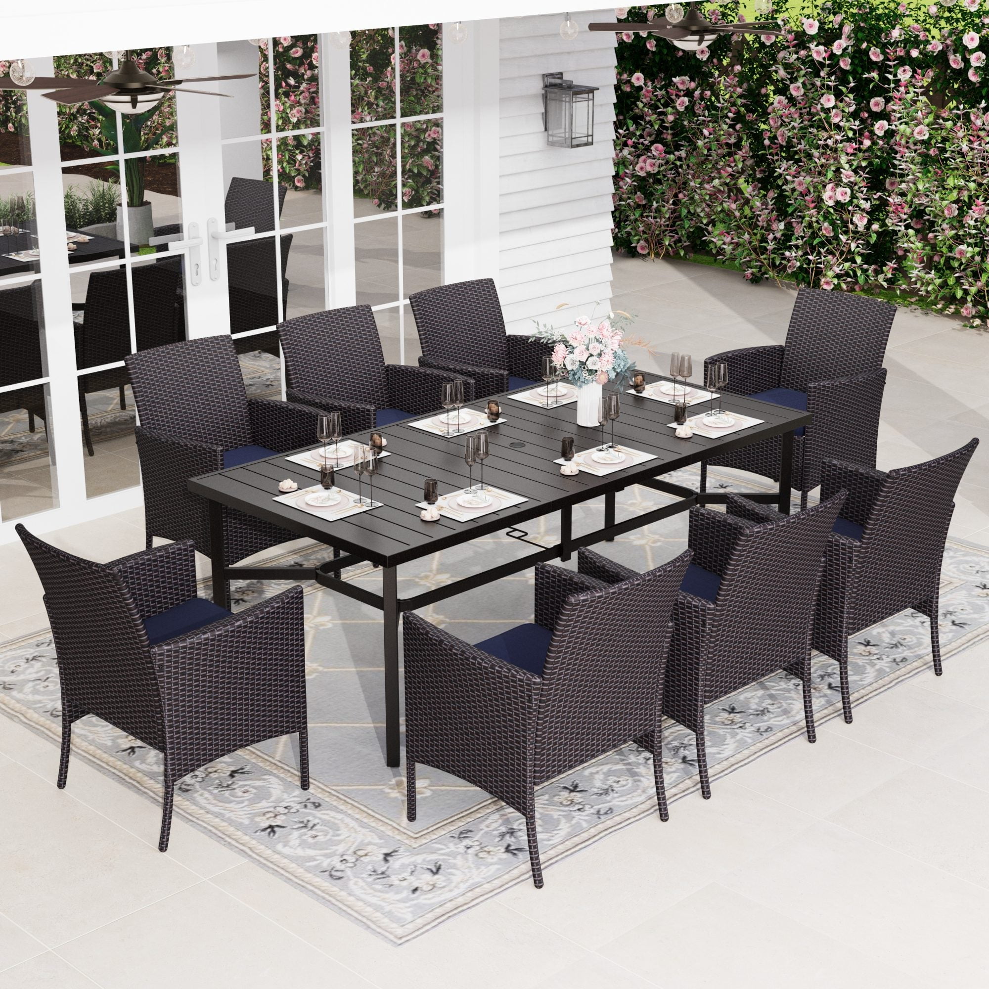 Alpha Joy 9-Piece Outdoor Patio Dining Set Metal Table and Rattan ...