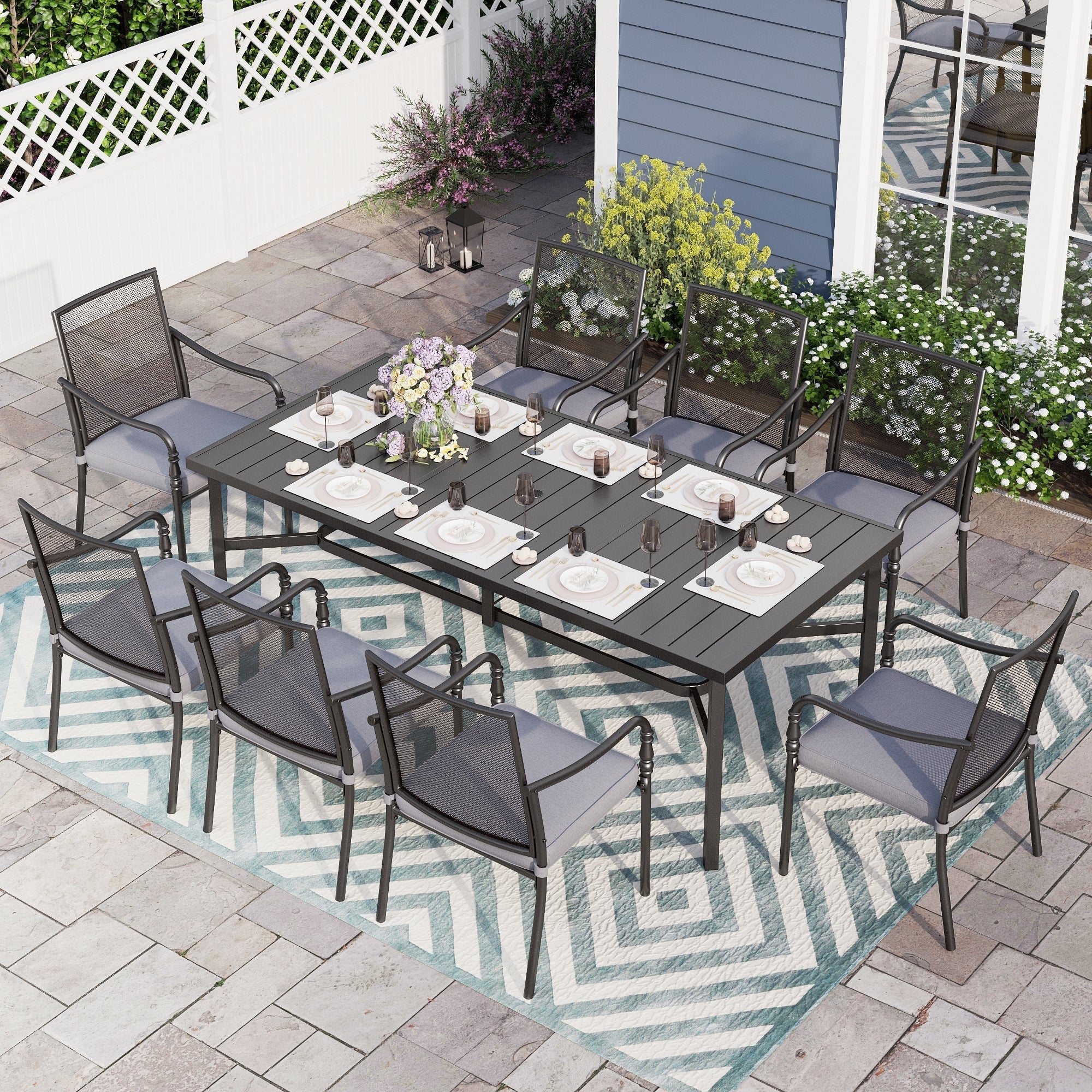 Alpha Joy 9-Piece Patio Dining Set with Metal Rectangle Extendable Table and 8 Stackable Metal ...