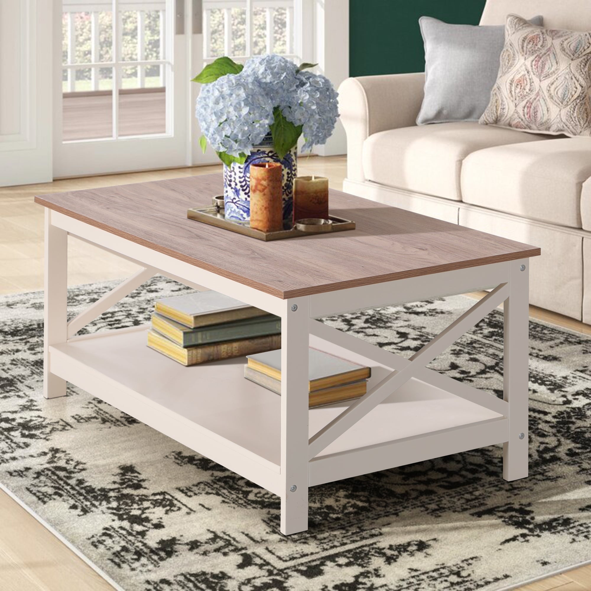 Alpha Joy Rustic Wooden Solid Coffee Table with Storage Shelf for ...