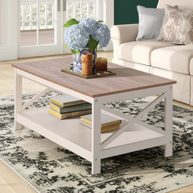 Alpha Joy Rustic Wooden Solid Coffee Table with Storage Shelf for ...
