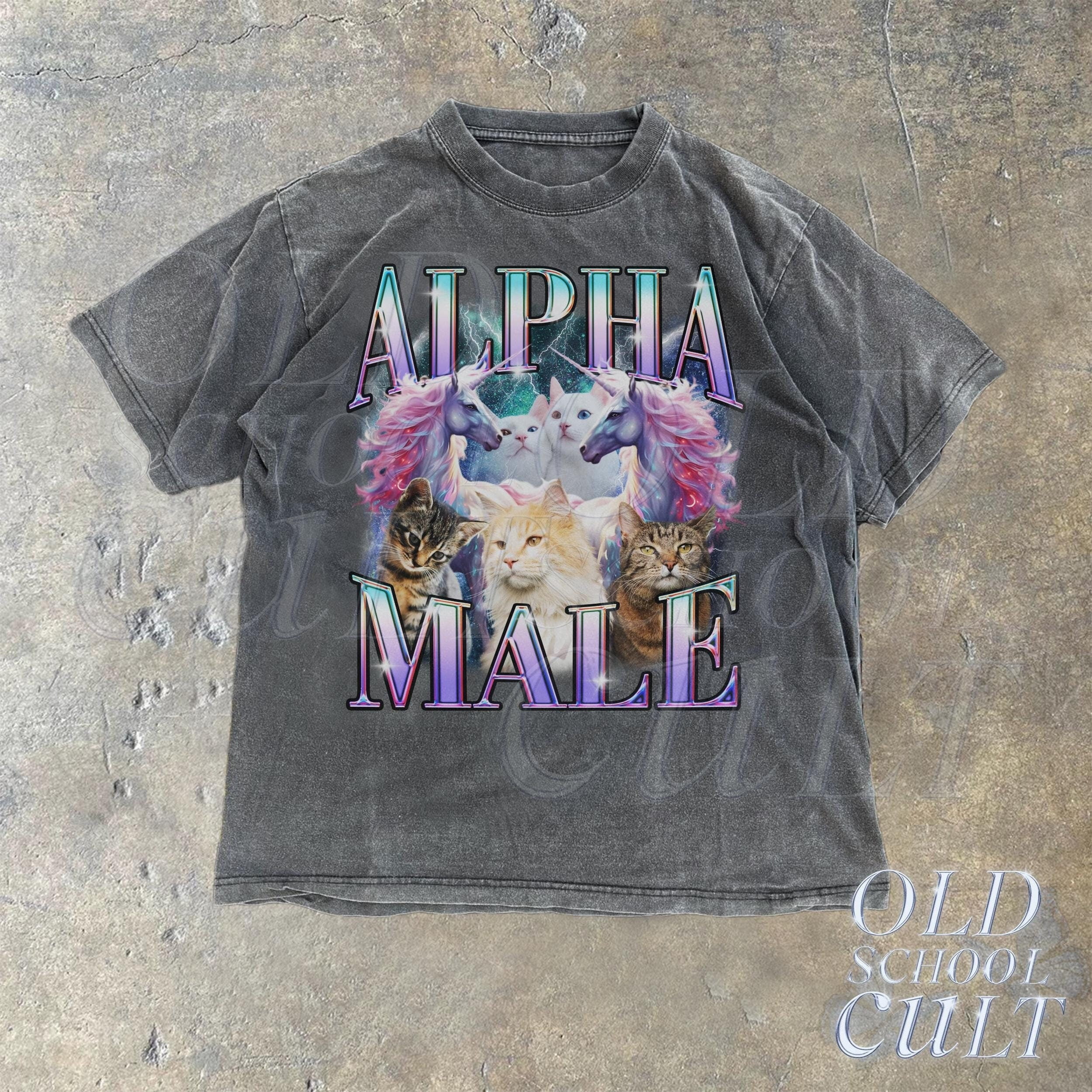 Alpha Male Unicorn Cat Ironic Vintage 90s T-Shirt, Retro Funny Rainbow ...