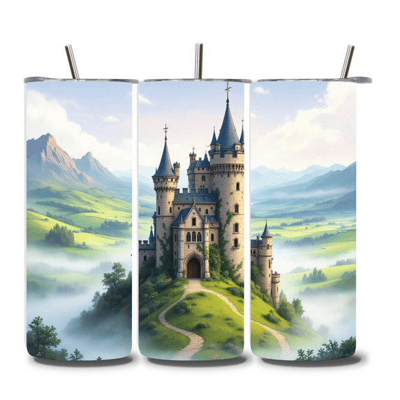 Alpha Printing 20oz Stainless Steel Tumbler – Castle in Green Hills Design – Scenic Medieval ...