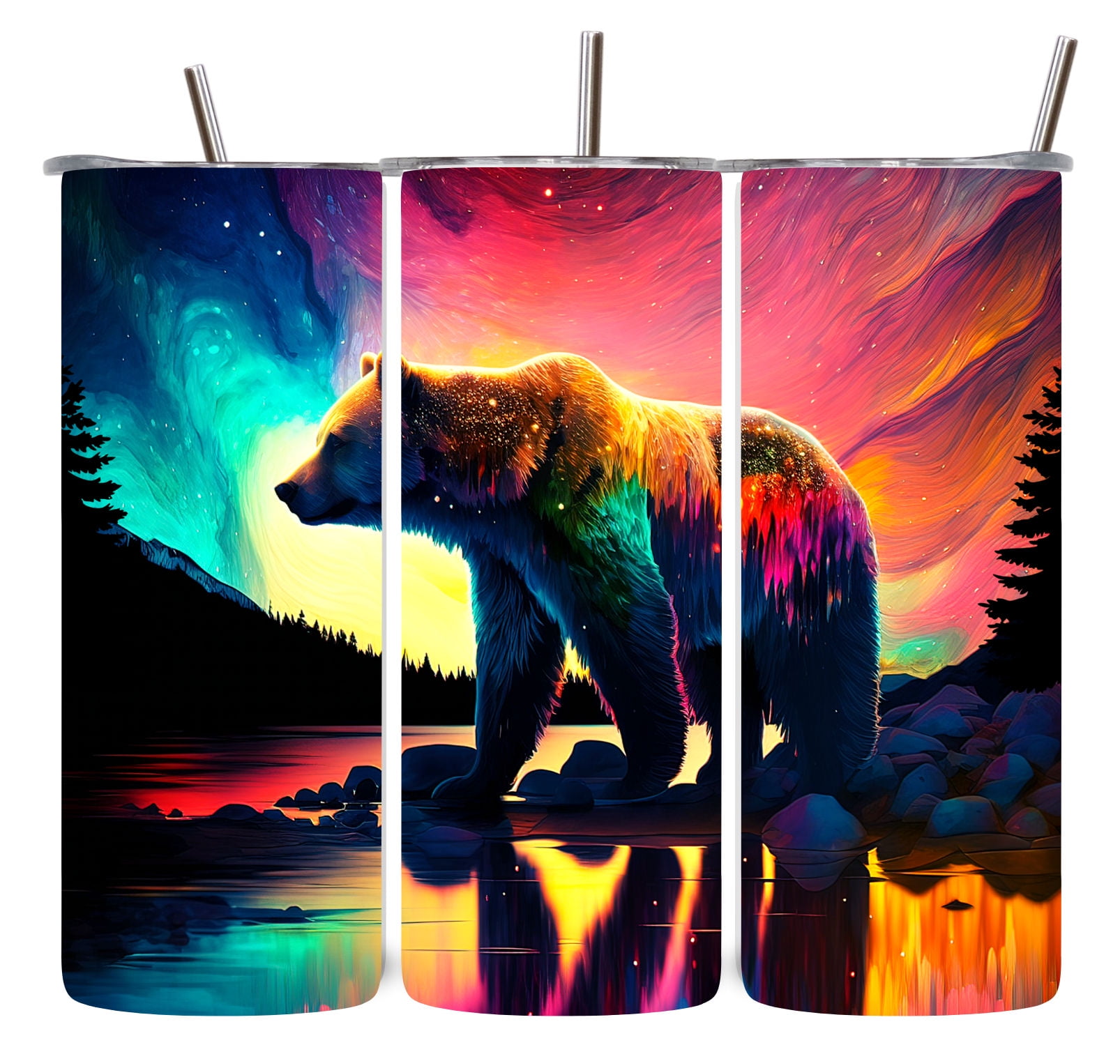 Alpha Printing 20oz Stainless Steel Tumbler with Straw Neon Bear ...