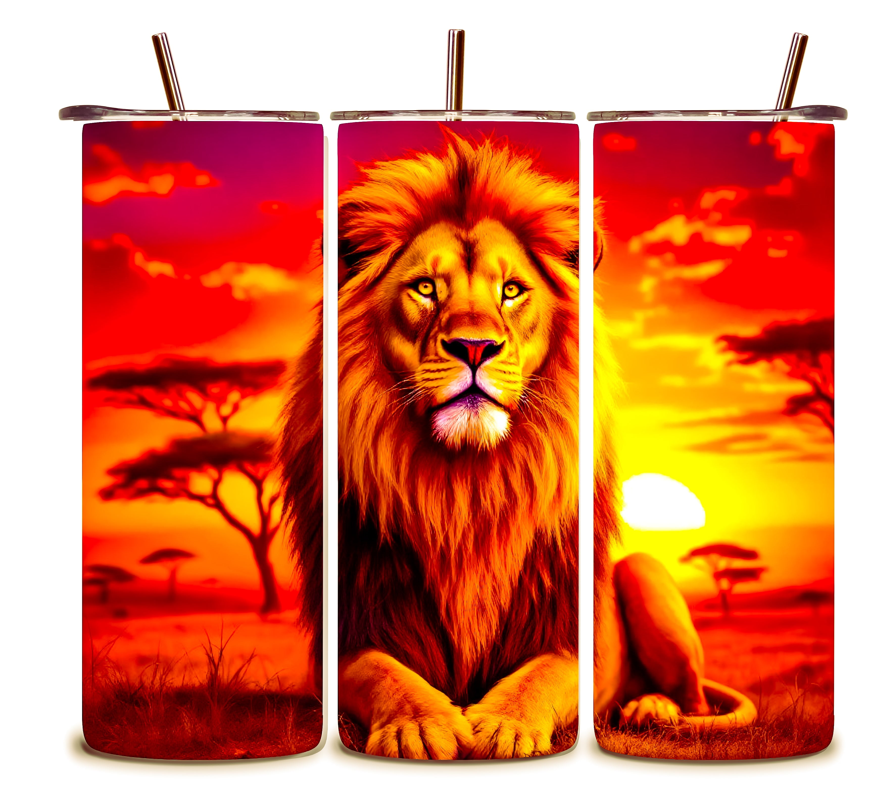 Alpha Printing 20oz Stainless-Steel Tumblers-Lion Laying At Sunset ...