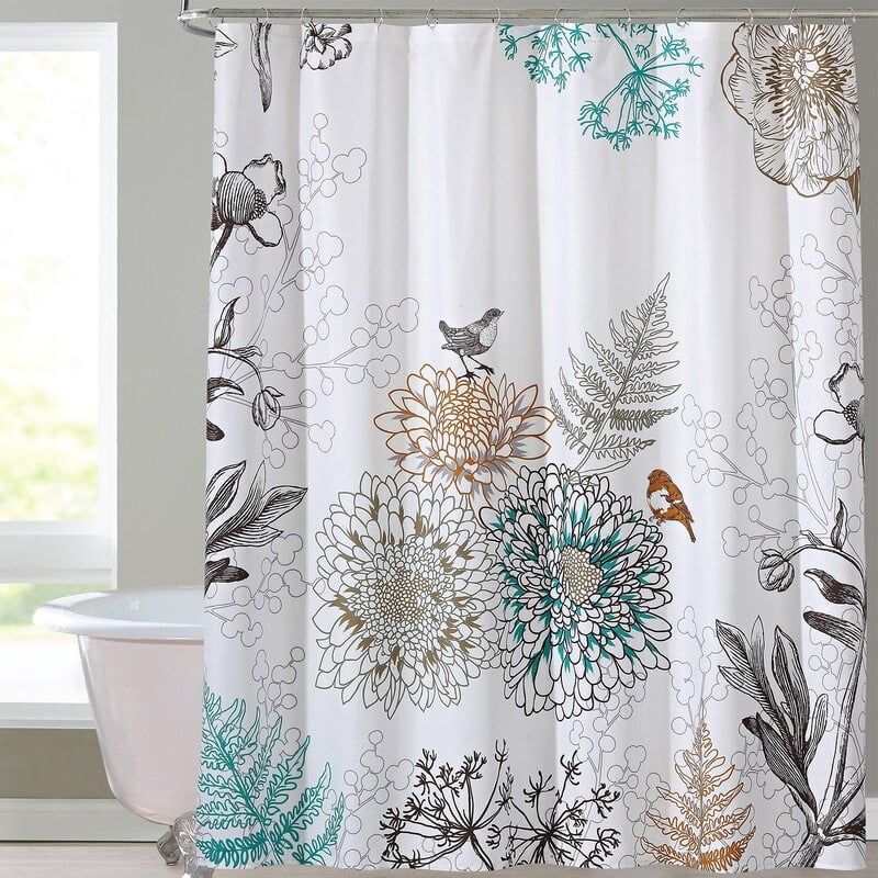 Alpha Textile LLC Birds and Floral Shower Curtain-Buttonhole-Polyester ...