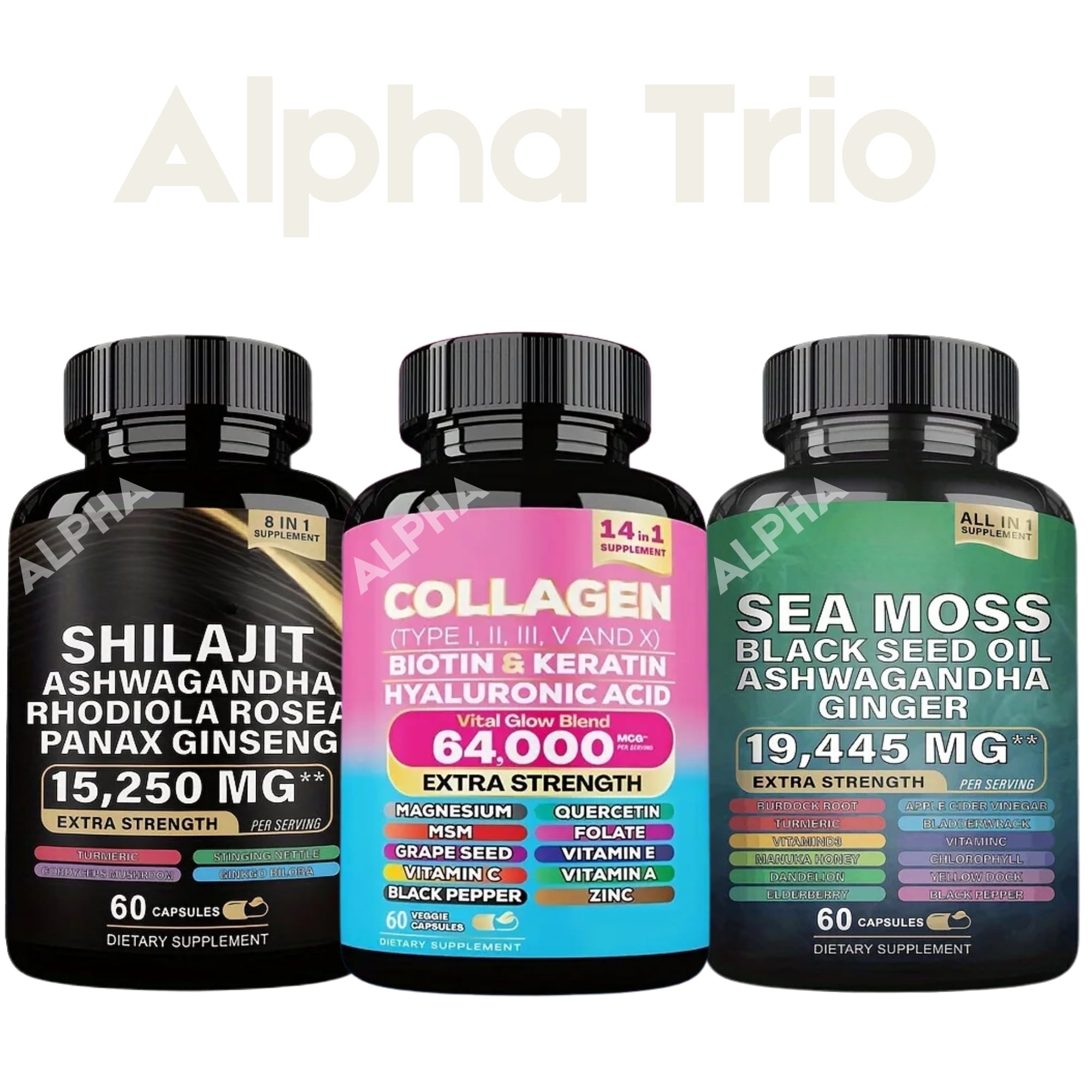 Alpha Trio Bundle: 64,000mcg Collagen, 7,000mg Sea Moss, 4,000mg Black ...