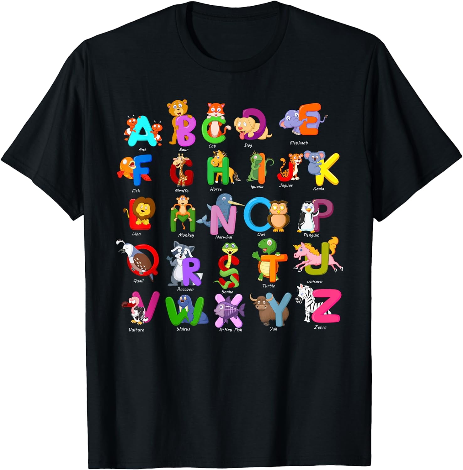 Alphabet Animal ABCs Learning Kindergarten School Teacher T-Shirt Black ...