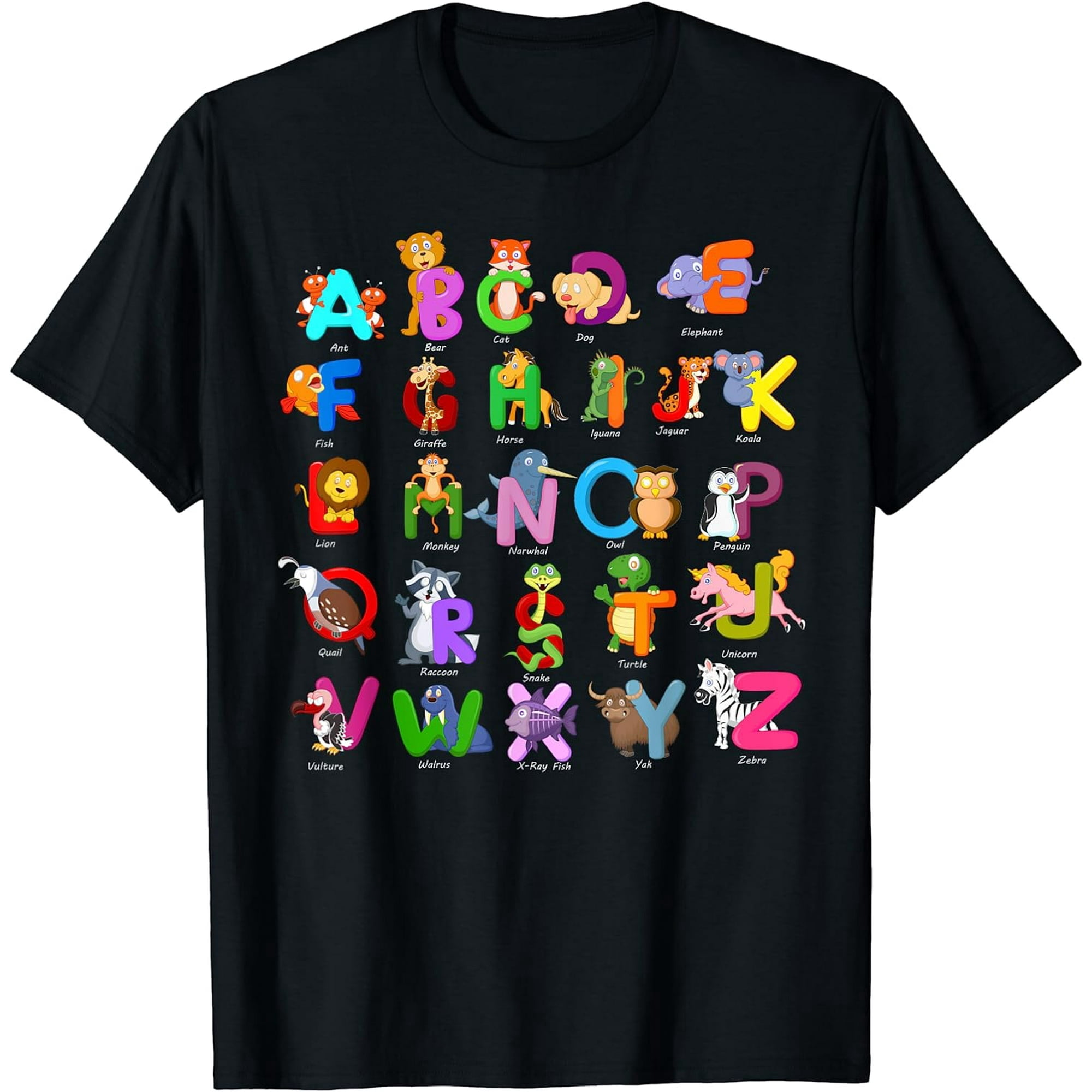 Alphabet Animal ABCs Learning Kindergarten School Teacher T-Shirt Black ...