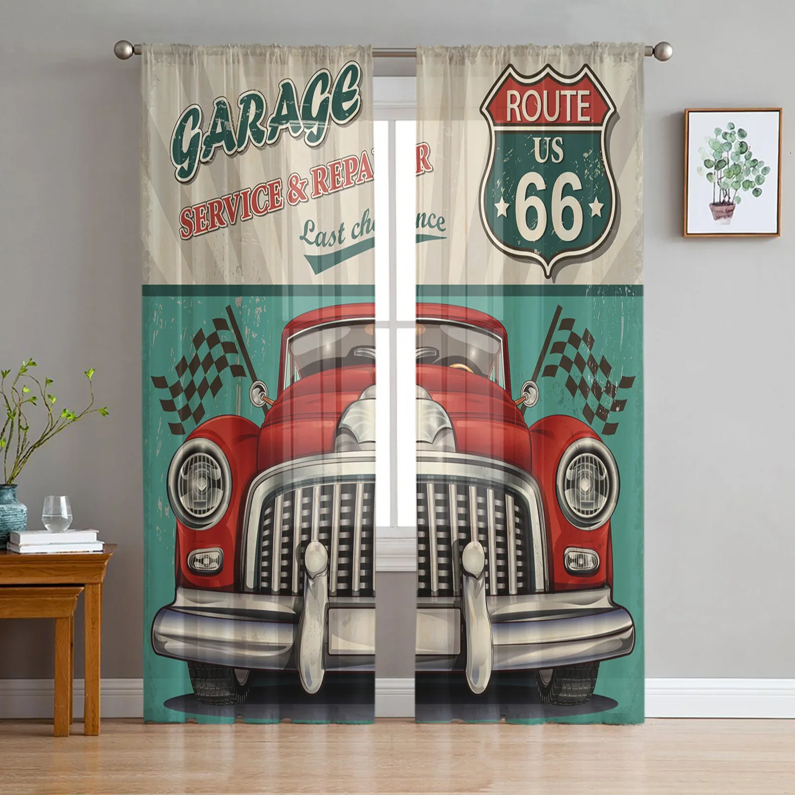 Alphabet Car Machinery Vintage Car Retro Tulle Sheer Window Curtains ...