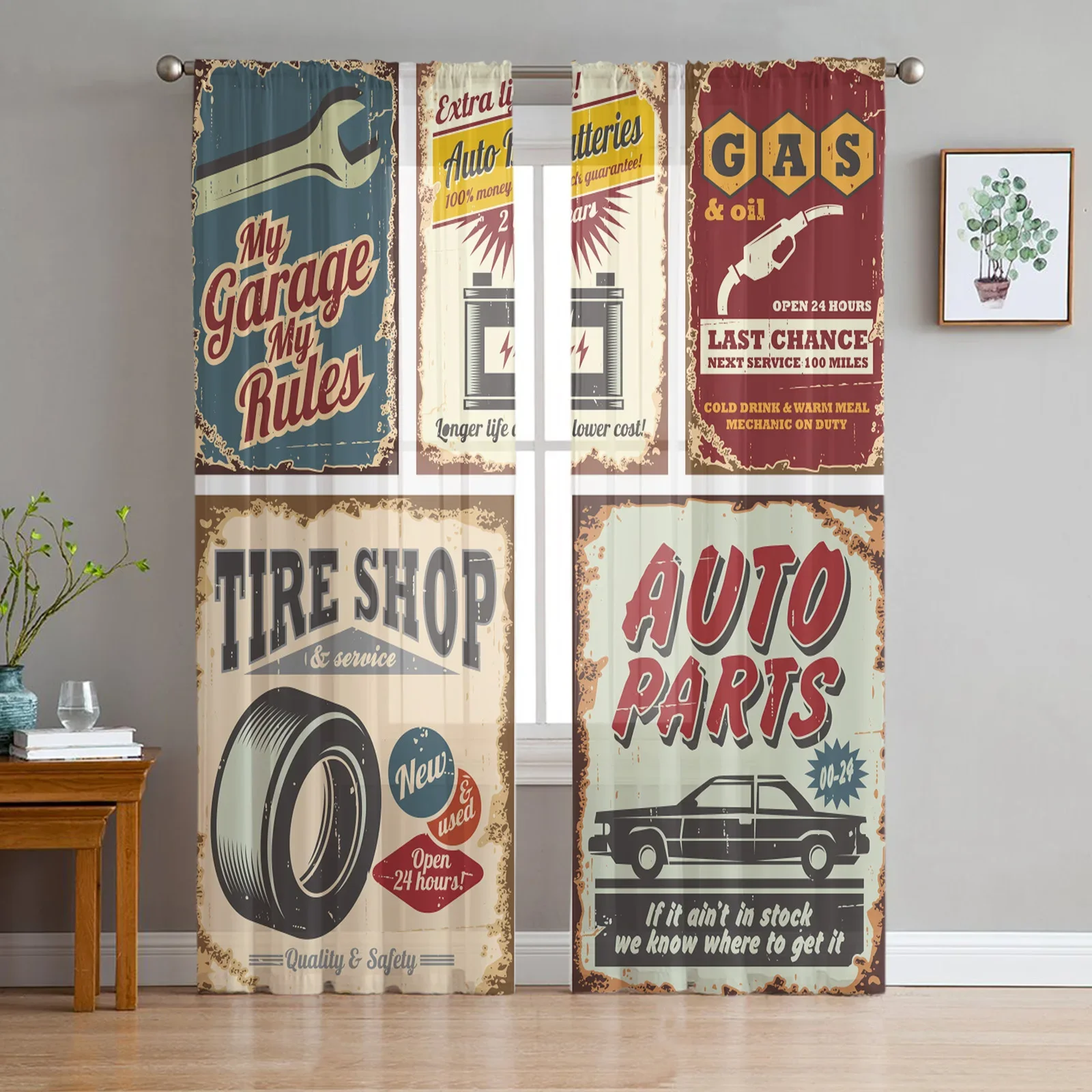 Alphabet Car Machinery Vintage Car Retro Tulle Sheer Window Curtains ...
