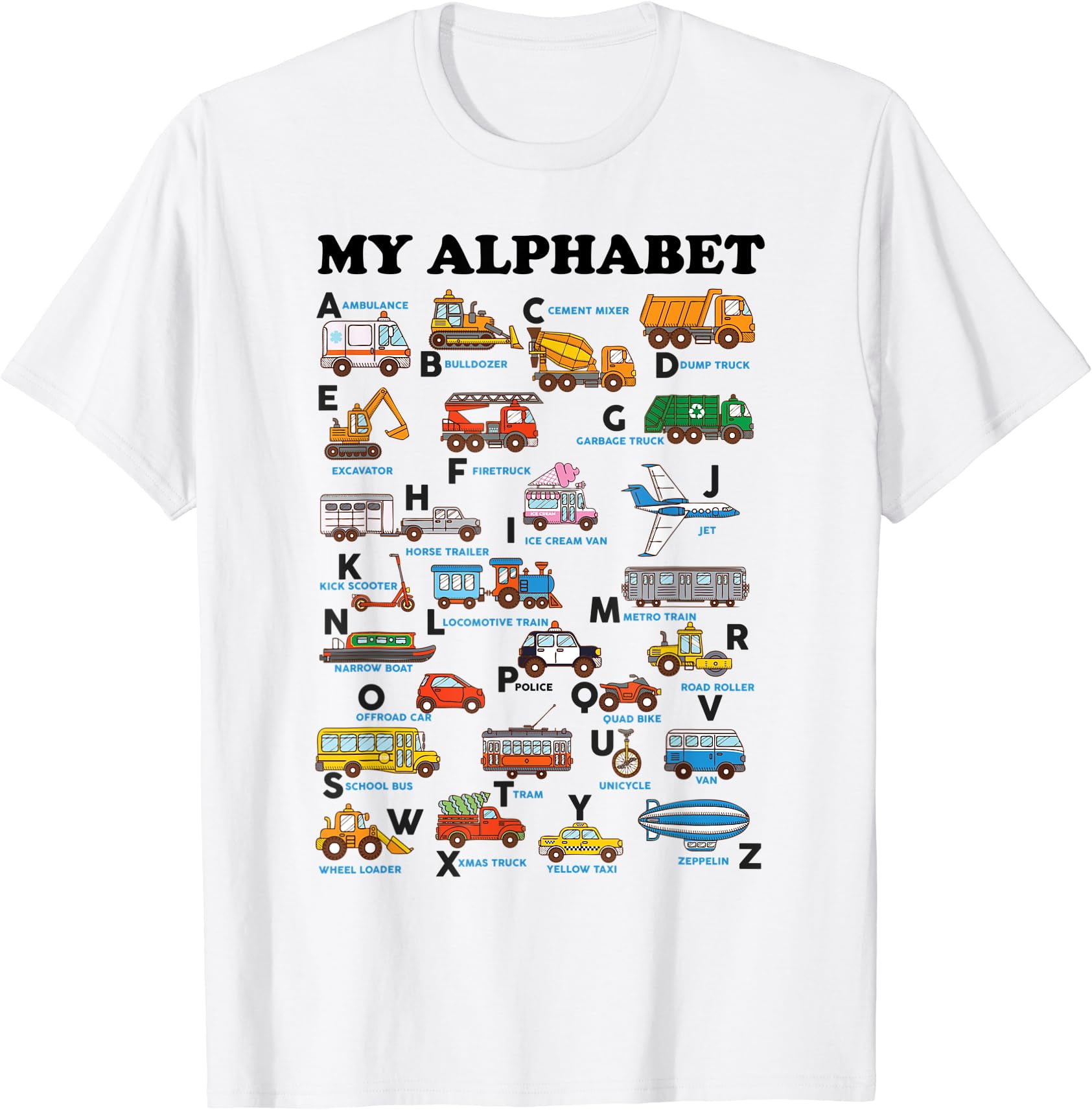 Alphabet Construction Vehicles T-Shirt for ABC Learning and Teaching ...