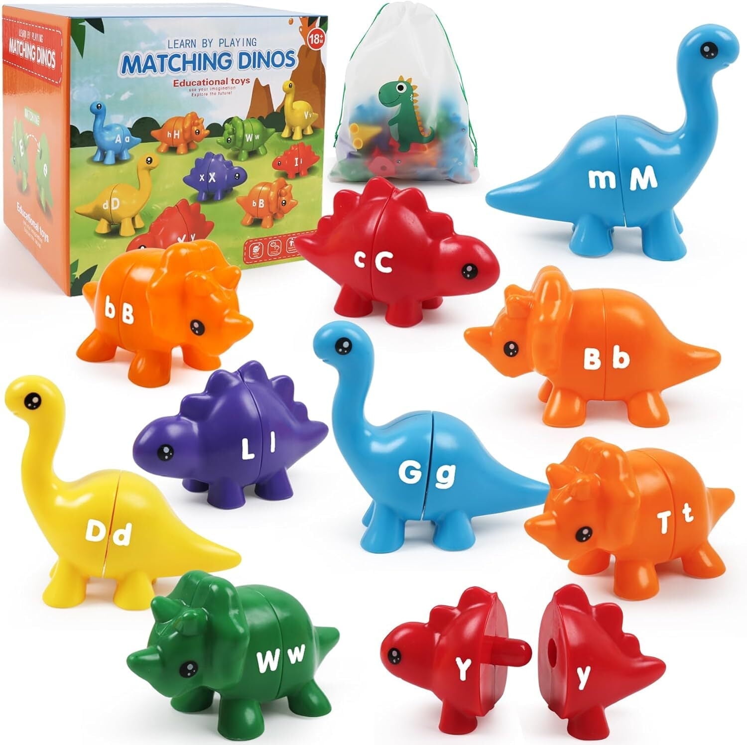 Alphabet Dinosaur Matching Letters Toy – 26 PCS Double-Sided ABC Dinosaurs with Upper ...