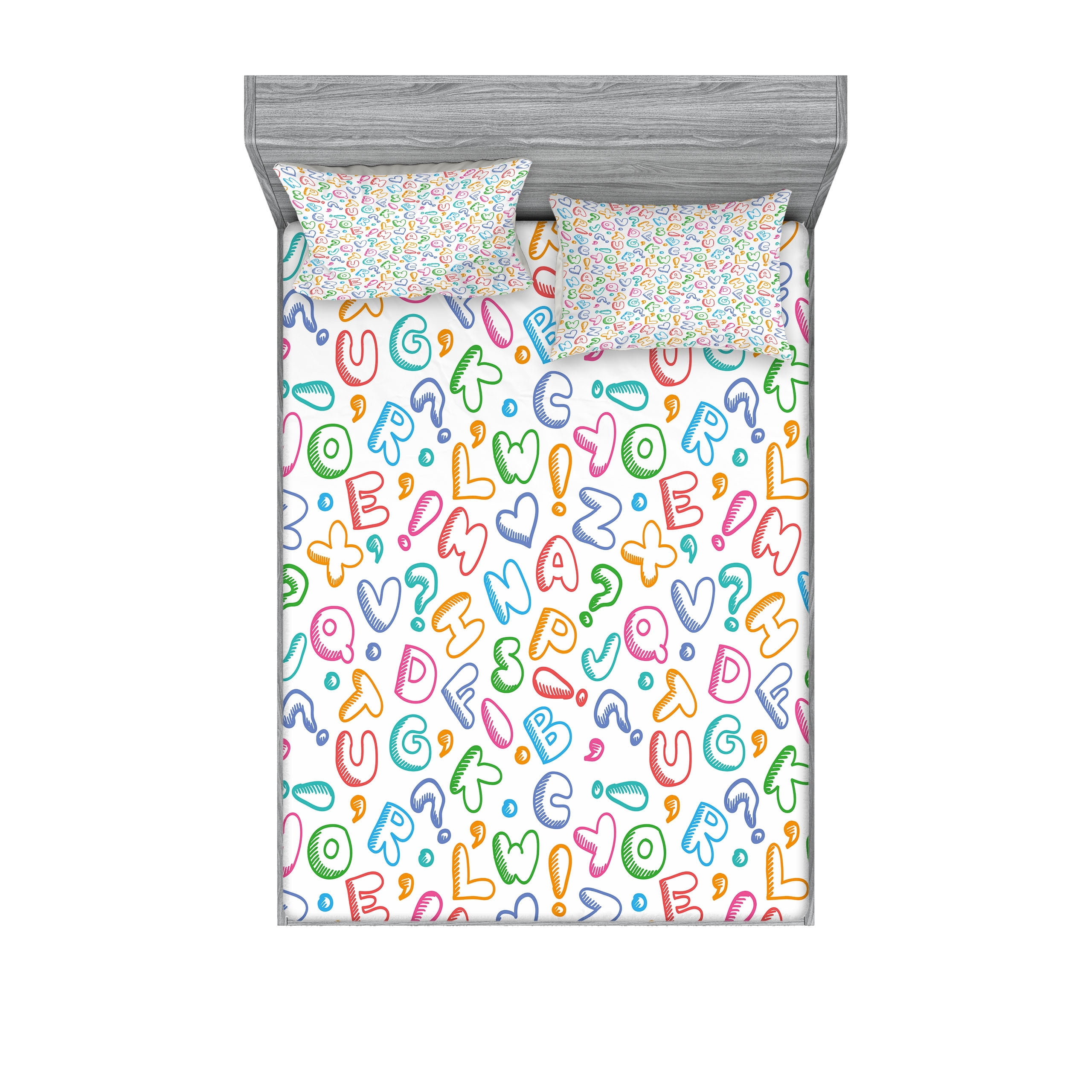 Alphabet Fitted Sheet & Pillow Sham Set, Letters in Fun Colors Scribble ...