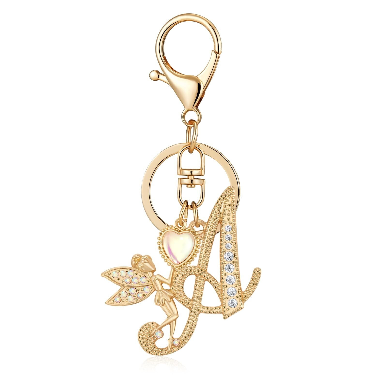 Alphabet Initial Gold Letter Keychain Angle Girls with Heart Crystal ...