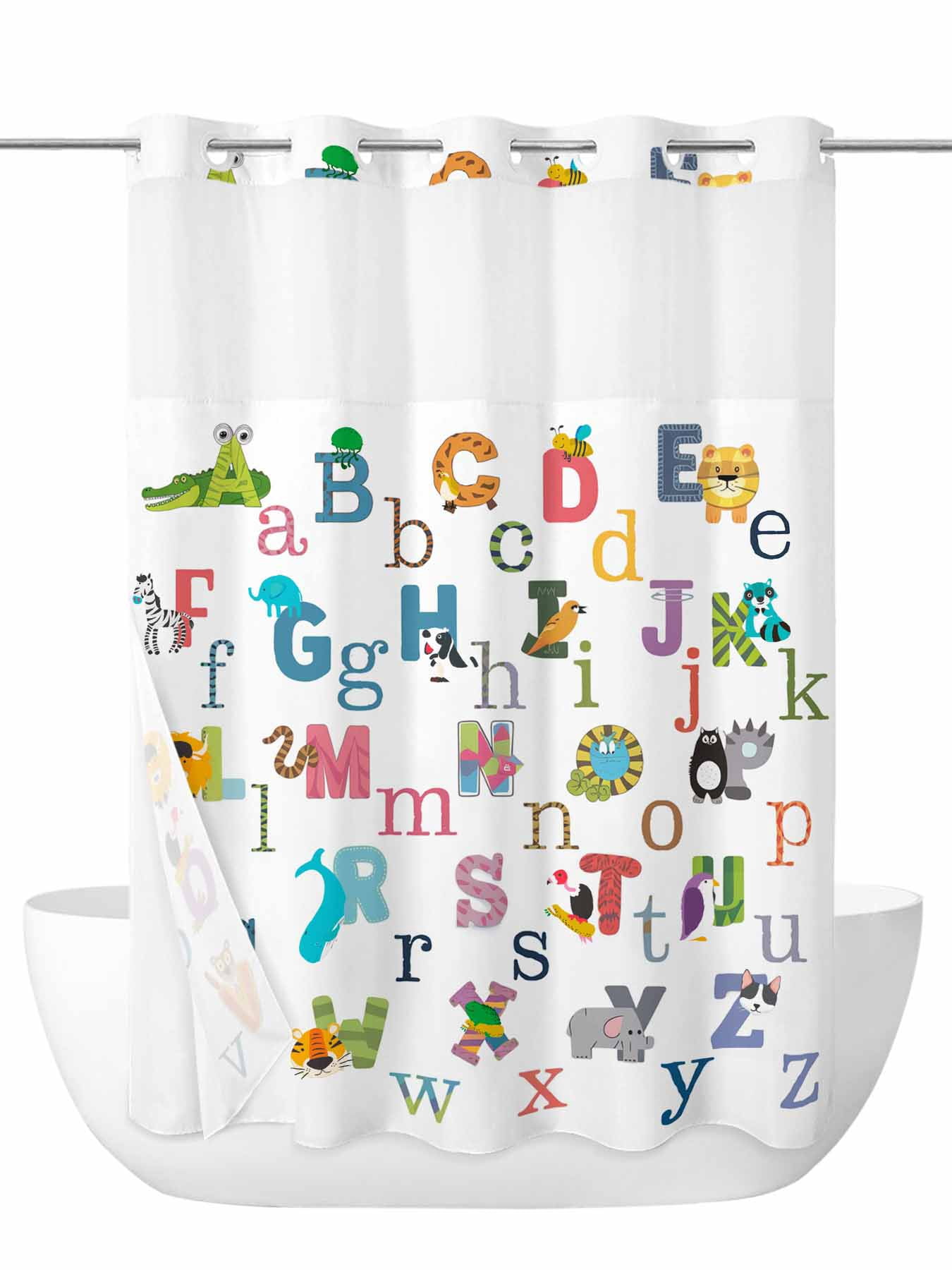 Alphabet Letter No Hook Shower Curtain and Liner Set Colorful Cartoon ...