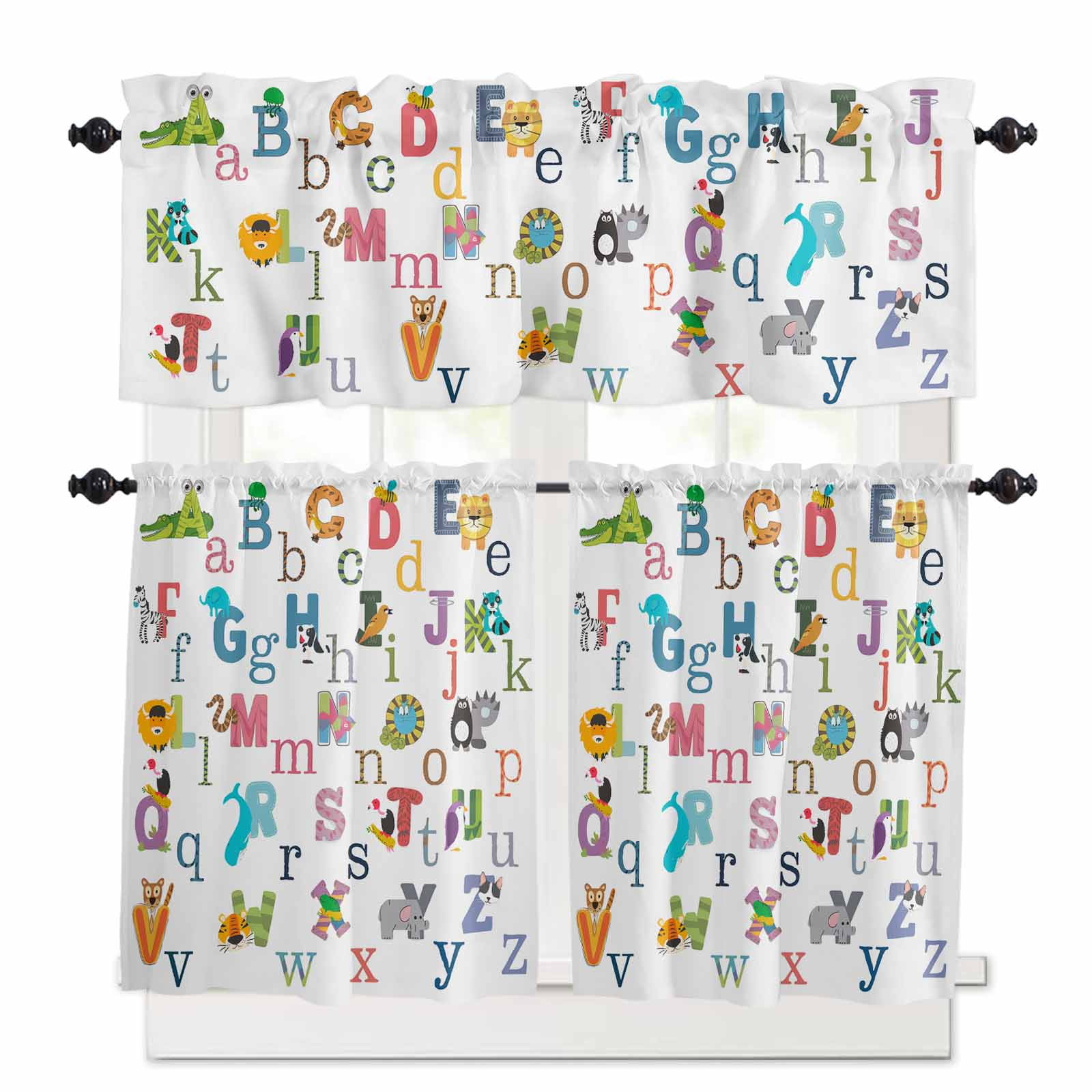 Alphabet Letter Kitchen Curtains Valance and Tier Set Colorful Cartoon ...
