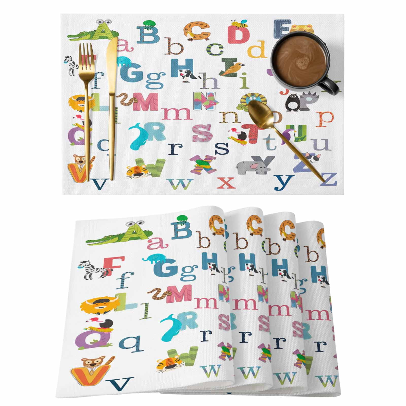 Alphabet Letter Placemats Set of 4 Colorful Cartoon Animals ABCD Letter ...