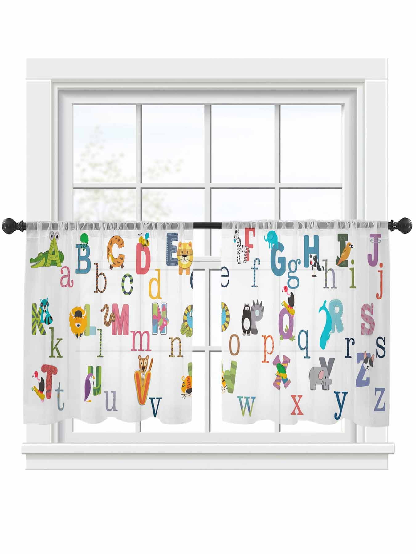Alphabet Letter Sheer Curtains 54 inches Long, Colorful Cartoon Animals ...