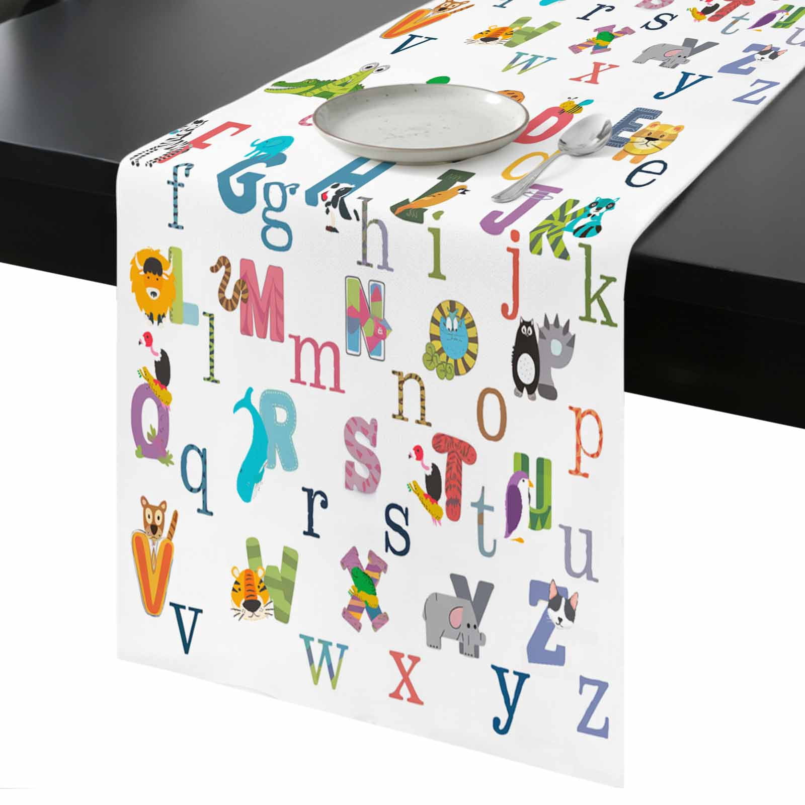Alphabet Letter Table Runner 13x60 Inch Colorful Cartoon Animals ABCD ...