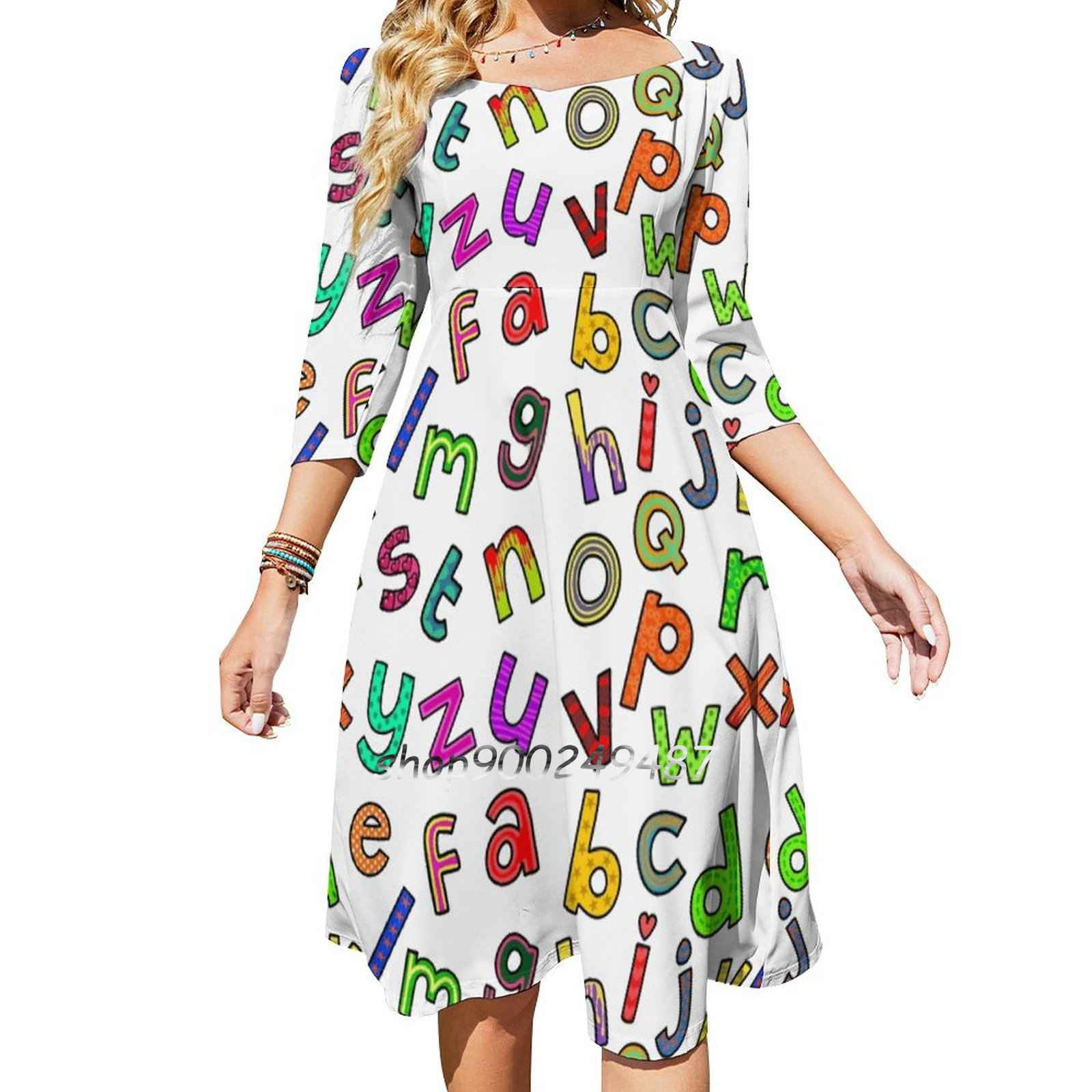 Alphabet Lettering Doodle Font Square Neck Dress Cute Loose Print ...