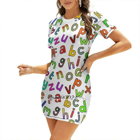 Alphabet Lettering Doodle Font Square Neck Dress Cute Loose Print ...