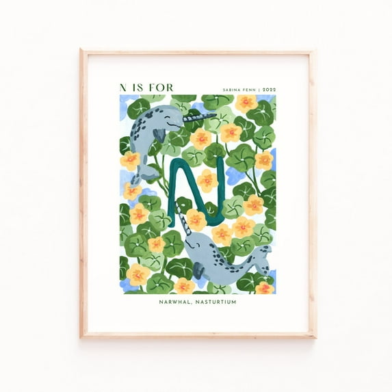 Alphabet Nursery Art: Narwhal and Nasturtium (Letter N Print) Poster ...