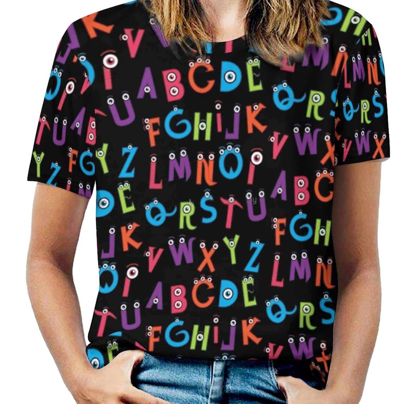 Alphabet Print O-Neck Off-The-Shoulder Top Short-Sleeved T-Shirt Ladies ...