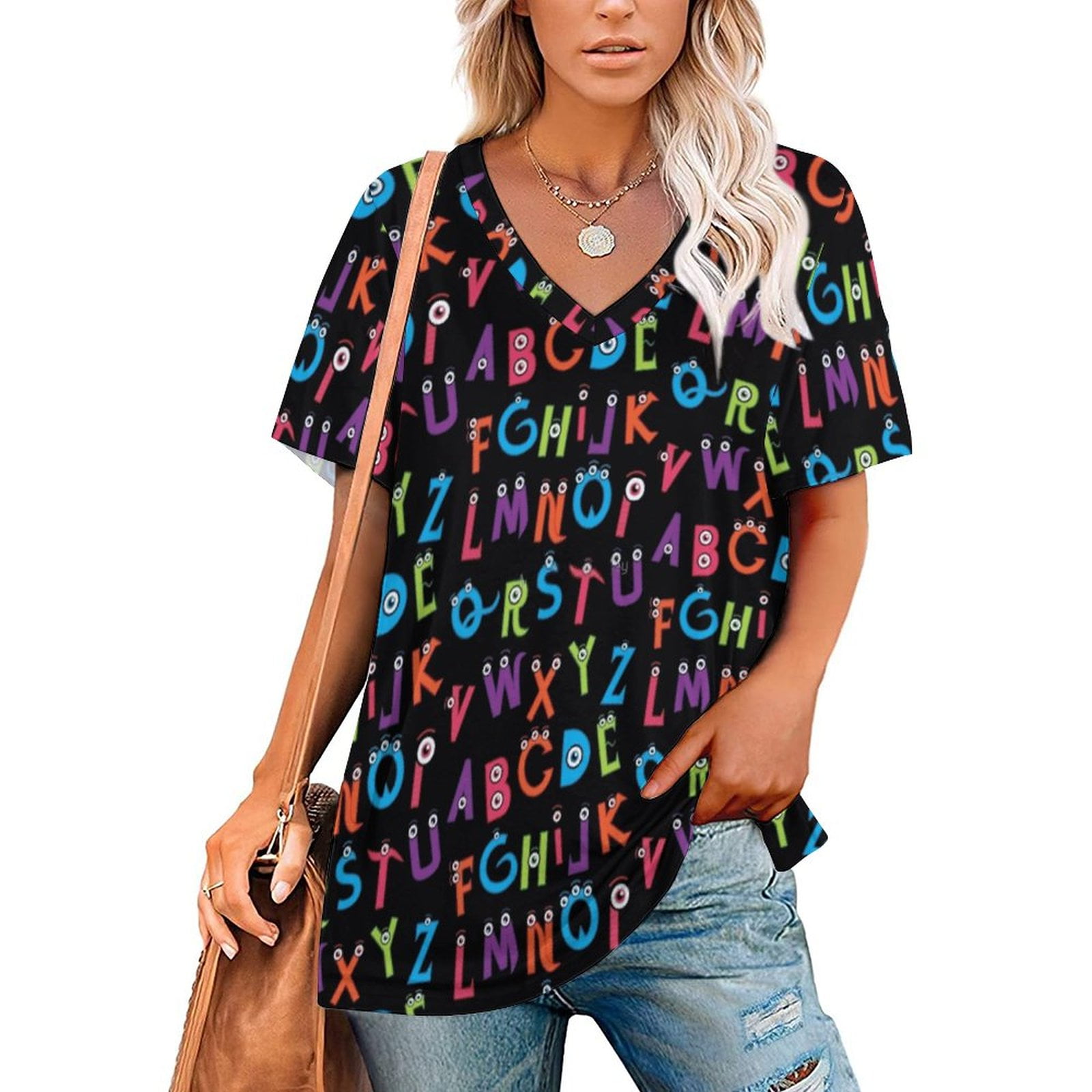 Alphabet Print O-Neck Off-The-Shoulder Top Short-Sleeved T-Shirt Ladies ...