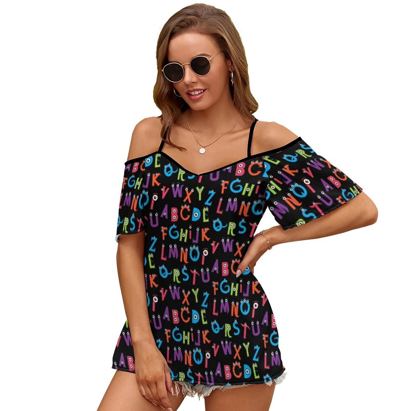 Alphabet Print O-Neck Off-The-Shoulder Top Short-Sleeved T-Shirt Ladies ...