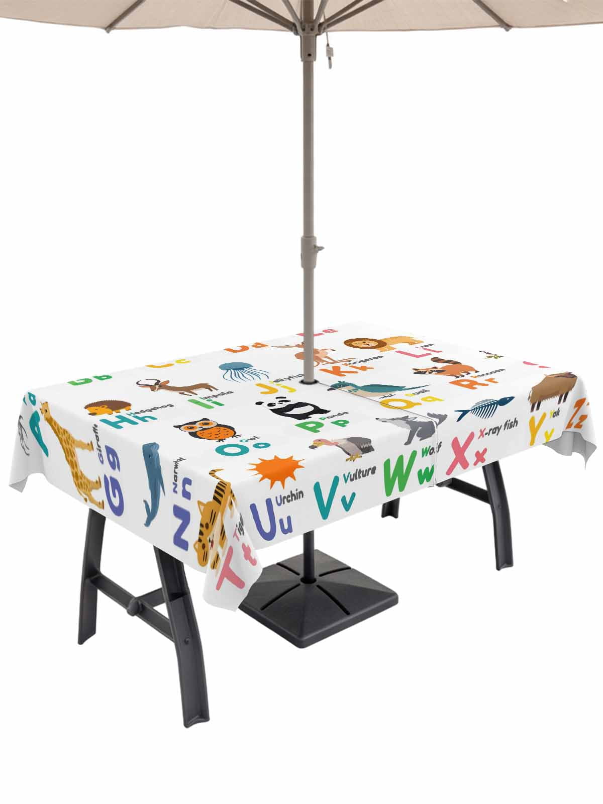 Alphabet Rectangle Outdoor Tablecloth with Umbrella Hole Cartoon Animal ...