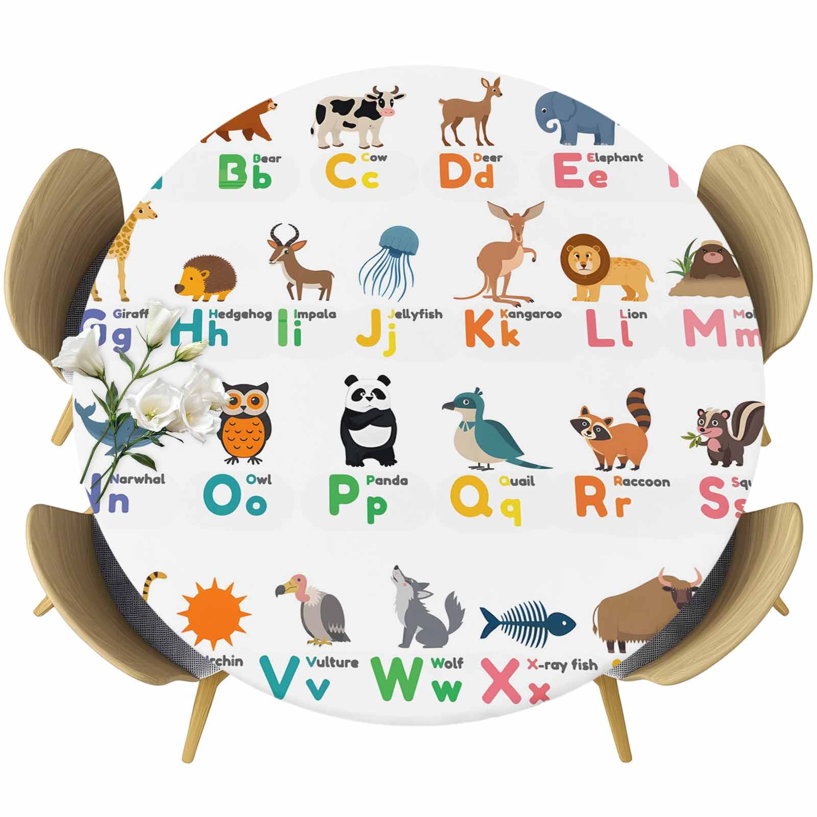 Alphabet Round Fitted Tablecloth with Elastic Edge, Cartoon Animal Cute ...