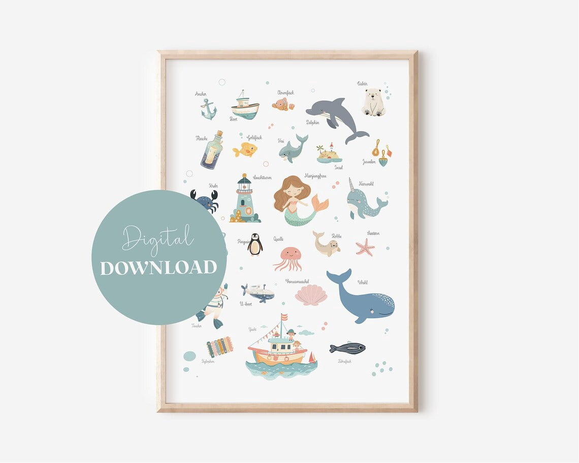 Alphabet Of The Sea: Nursery Poster With Animals & Objects A-Z Alphabet ...