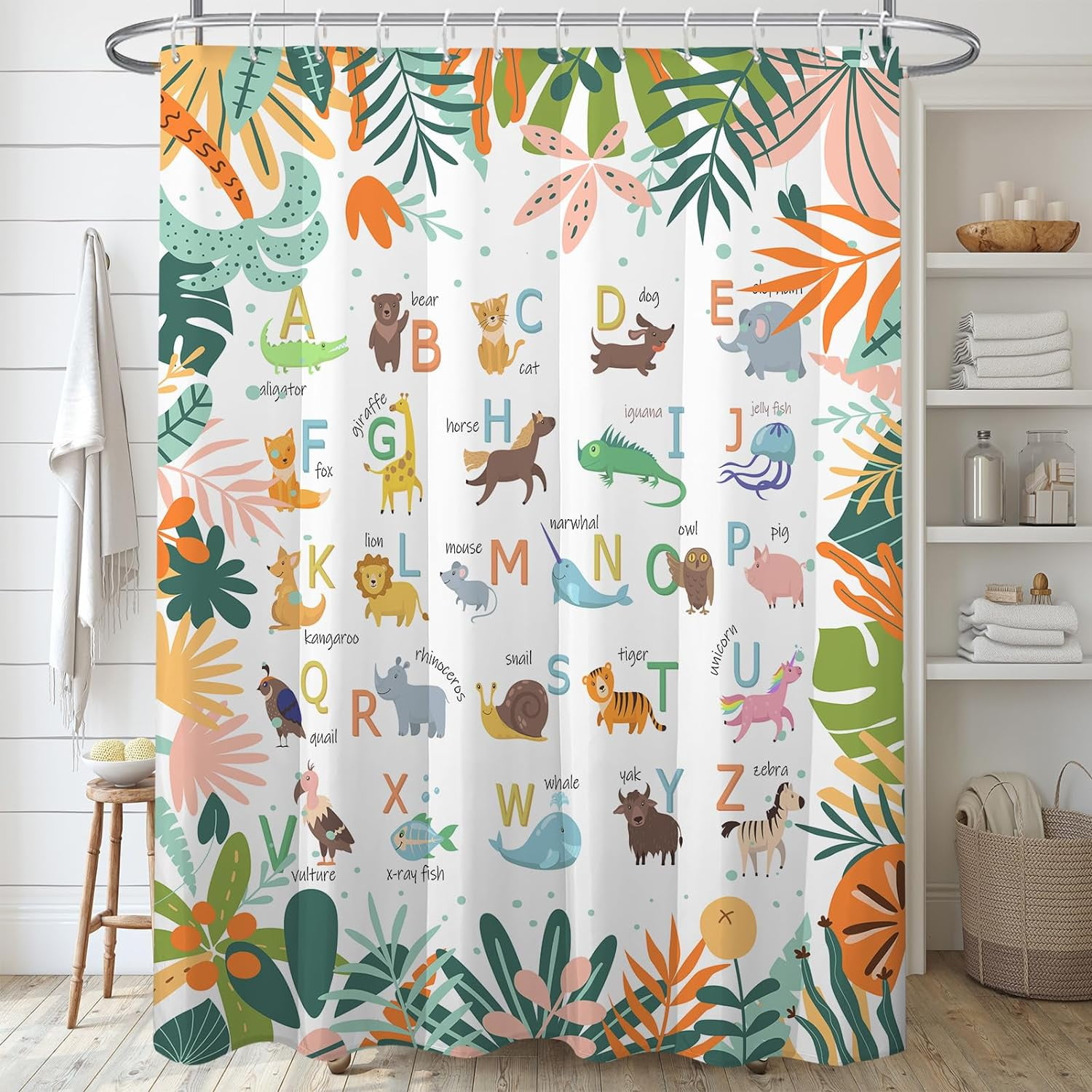 Alphabet Shower Curtain for Bathroom,Cute Animal Tropical Plants Shower ...