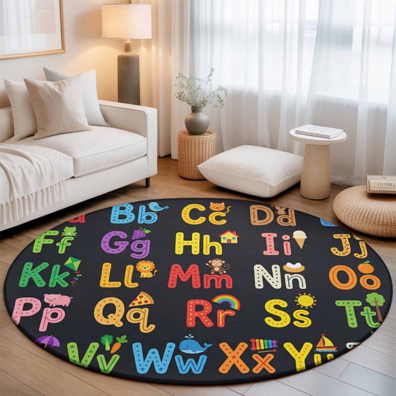 Alphabet Washable Round Area Rug 8 ft, American Cartoon Early Education ...